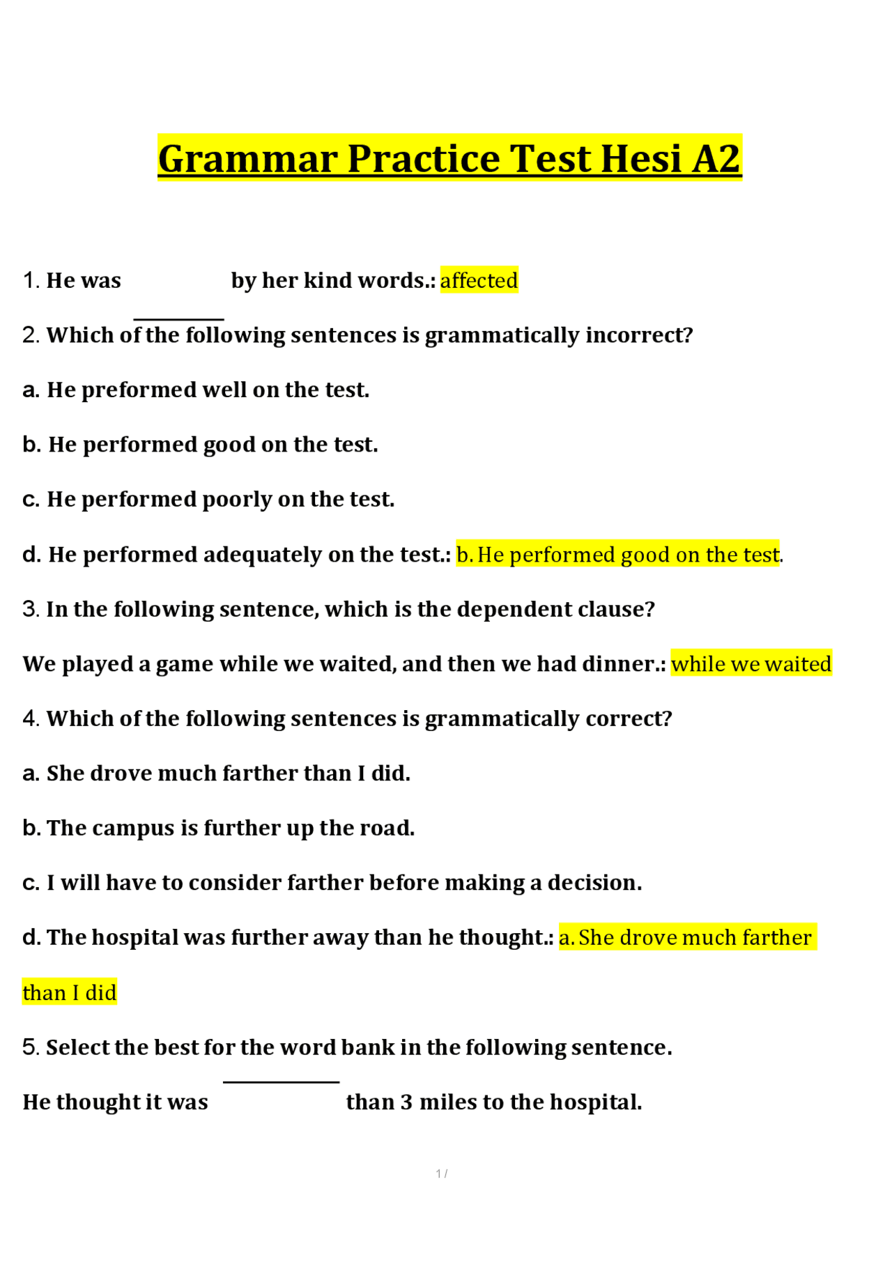 Grammar Practice Test | Exams Grammar and Composition | Docsity