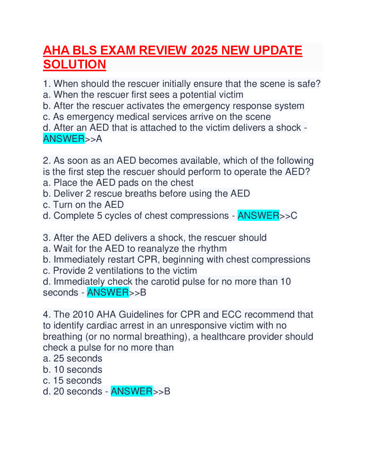 AHA BLS Exam Review 2025: Practice Questions and Answers | Exams ...