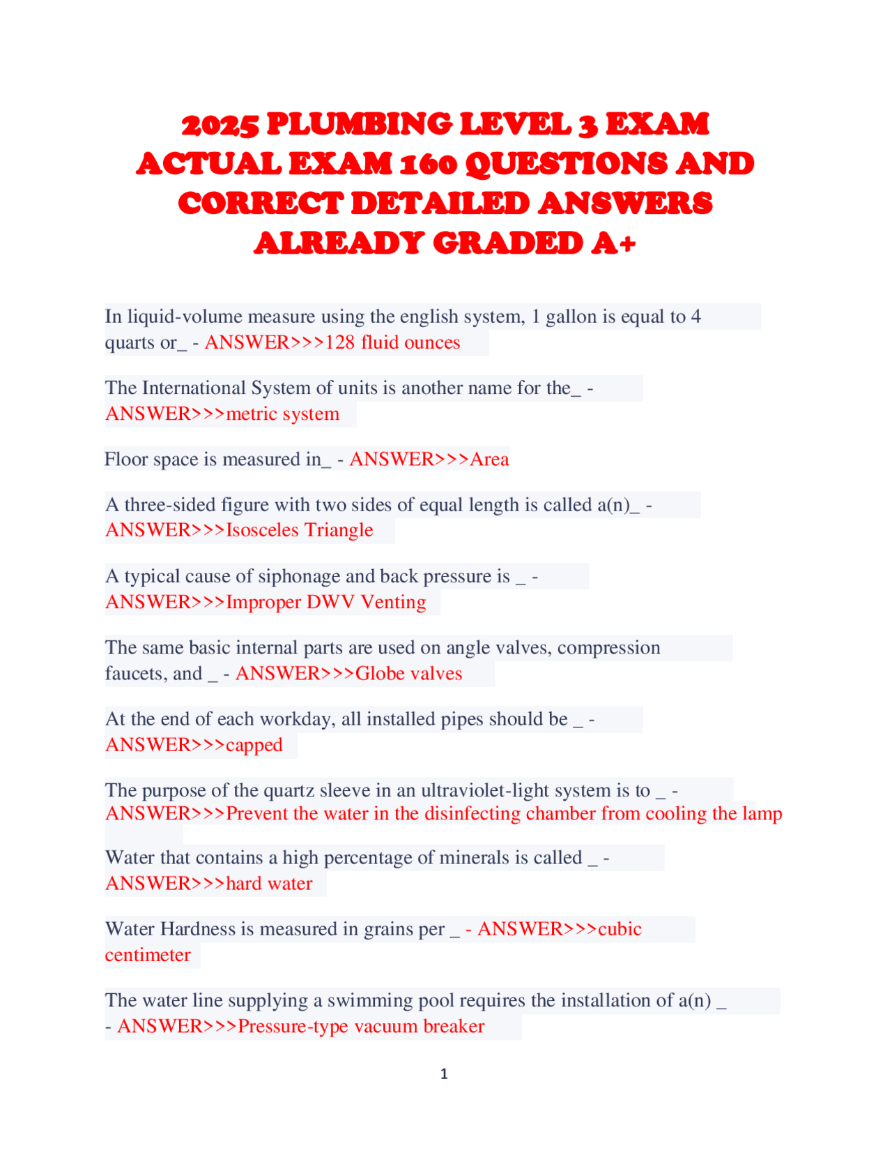 Plumbing Level 3 Exam: 160 Questions with Detailed Answers | Exams ...