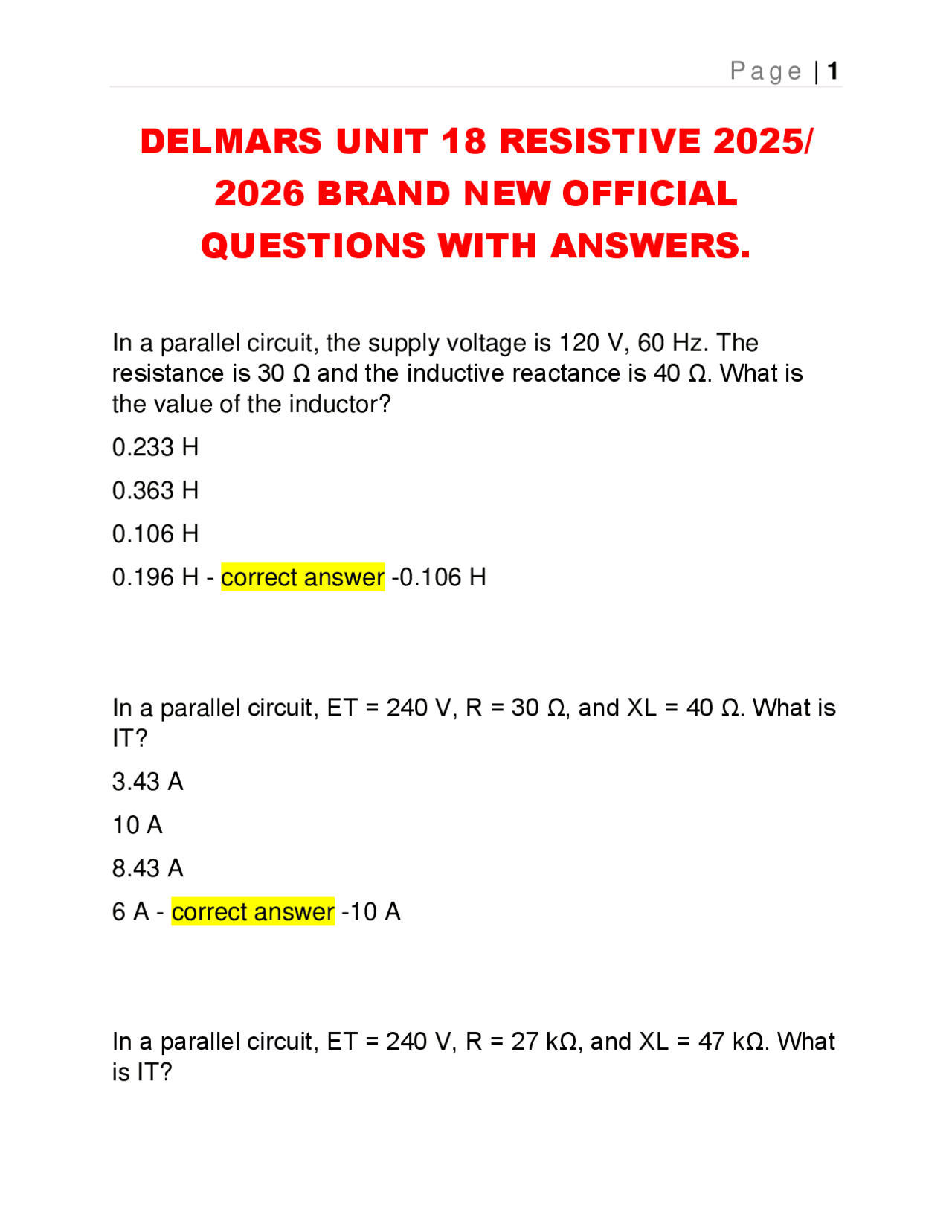 Parallel Circuits: Practice Questions and Answers | Exams Electrical ...