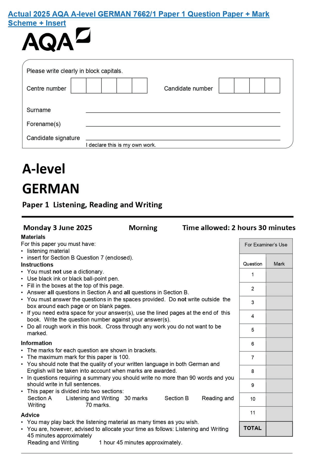 Actual 2025 AQA A-level GERMAN 7662/1 Paper 1 Question Paper + Mark ...
