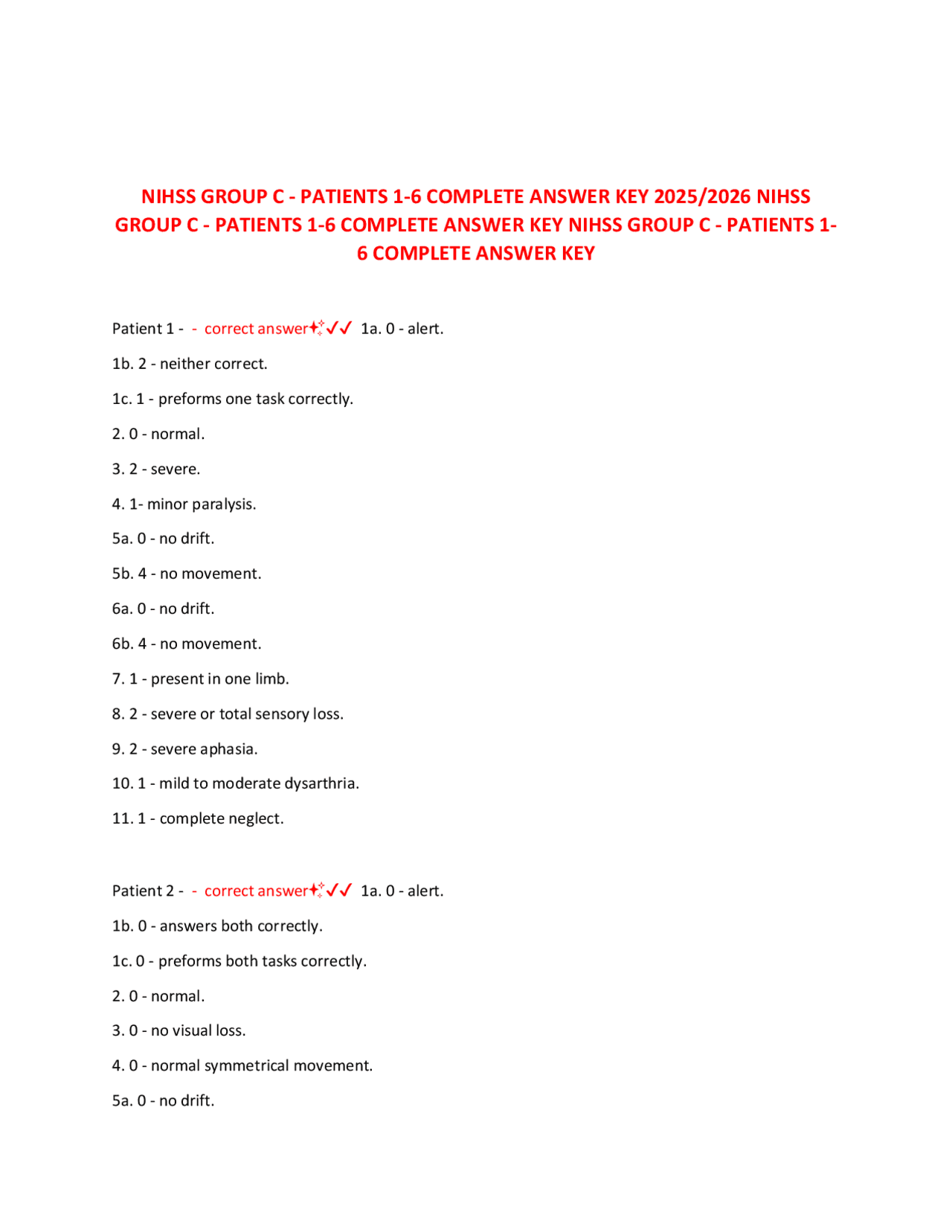 NIHSS Group C Patient Assessment Answer Key 2025/2026 | Exams Nursing ...