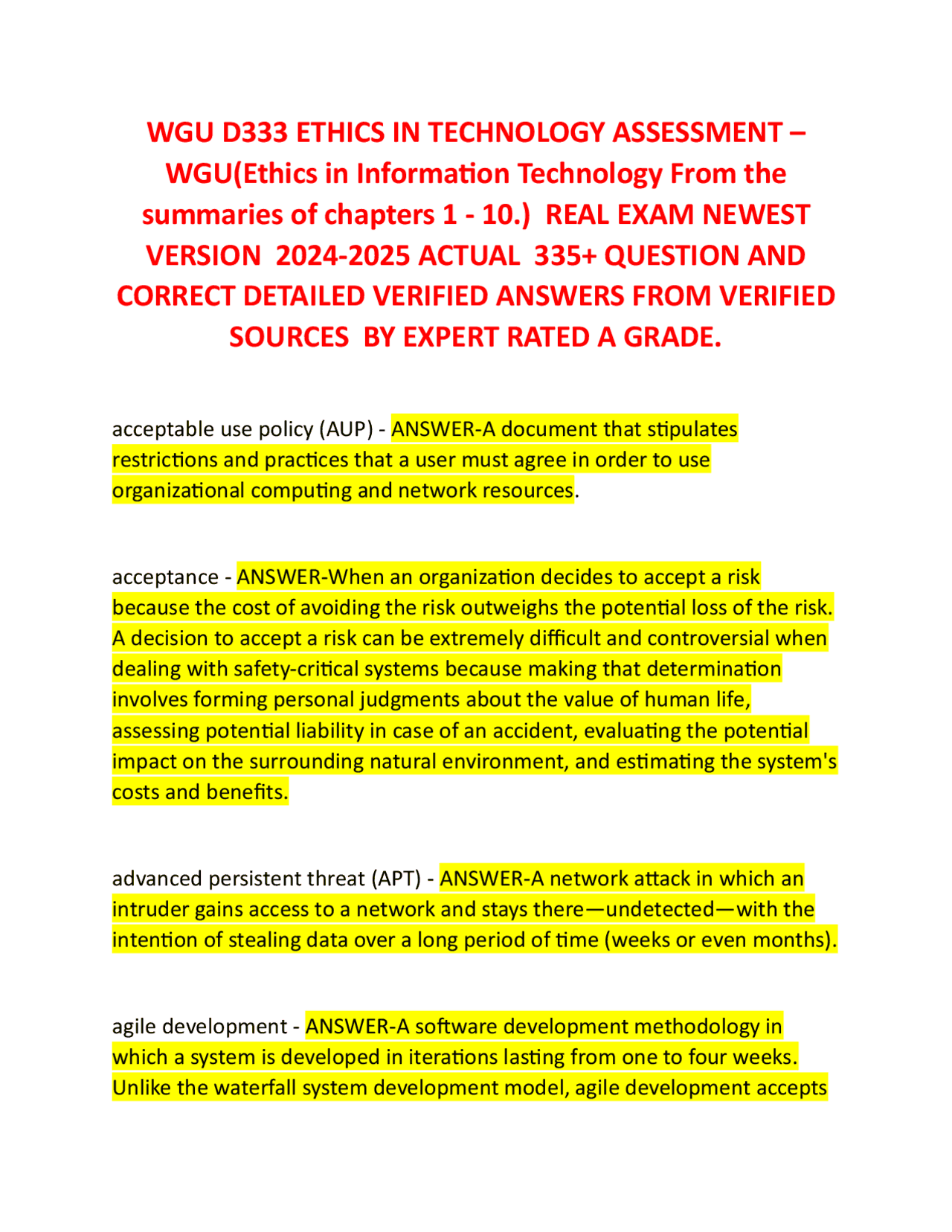 Ethics in Technology Exam Questions and Answers | Exams Health sciences ...