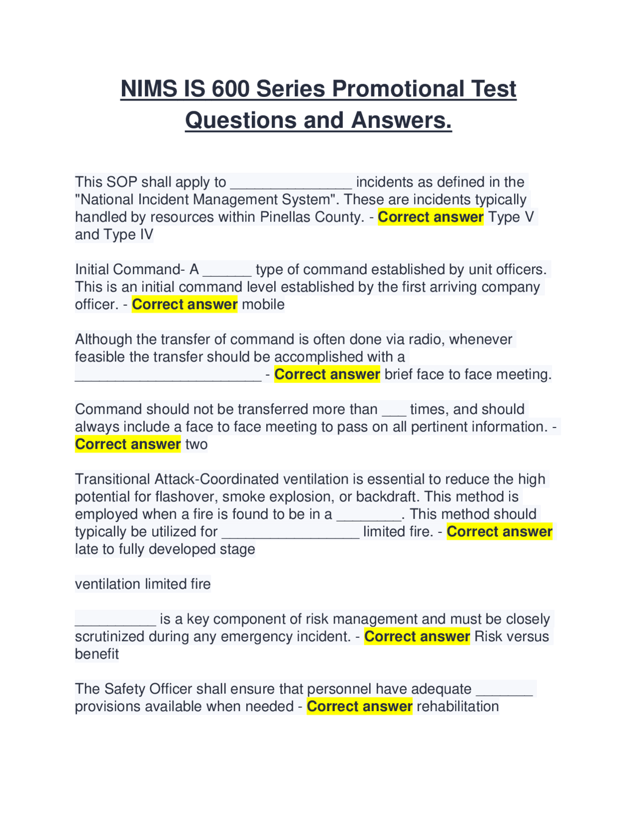 NIMS 600 Series Promotional Test: Questions and Answers | Exams Civil ...
