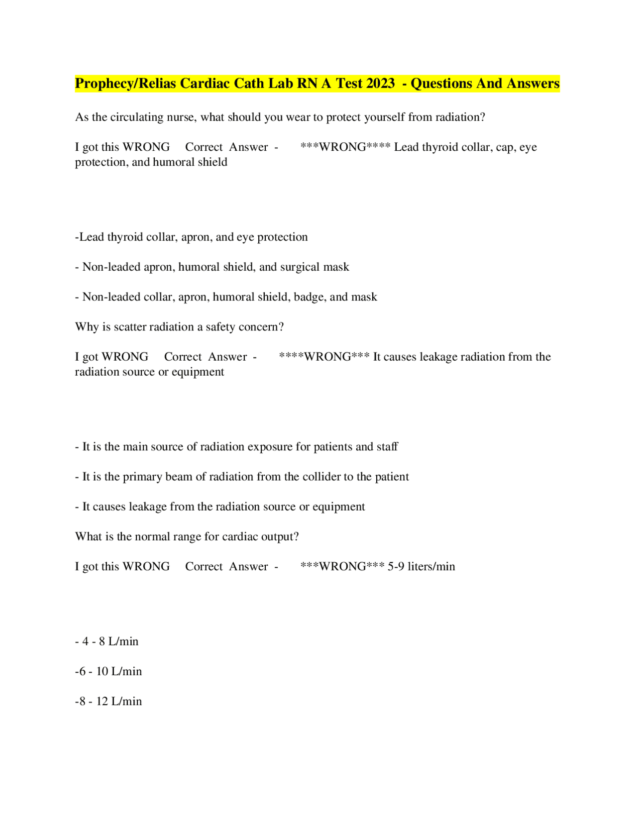 Cardiac Catheterization Lab RN Test Questions and Answers | Exams ...