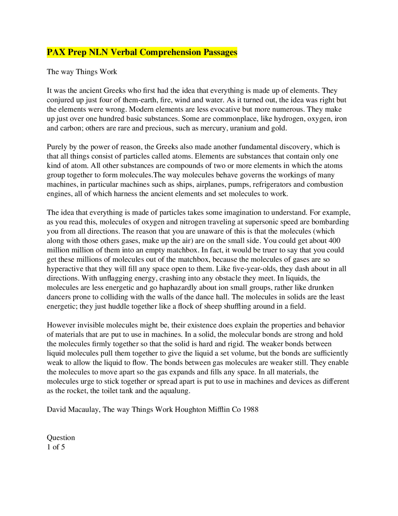 PAX Prep NLN Verbal Comprehension Passages | Exams Nursing | Docsity