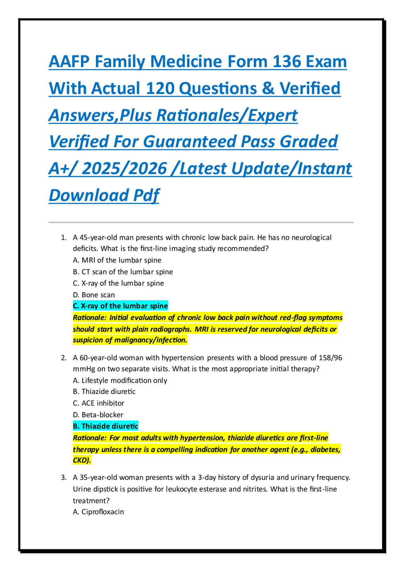 AAFP Family Medicine Form 136 Exam With Actual 120 Questions & Verified ...