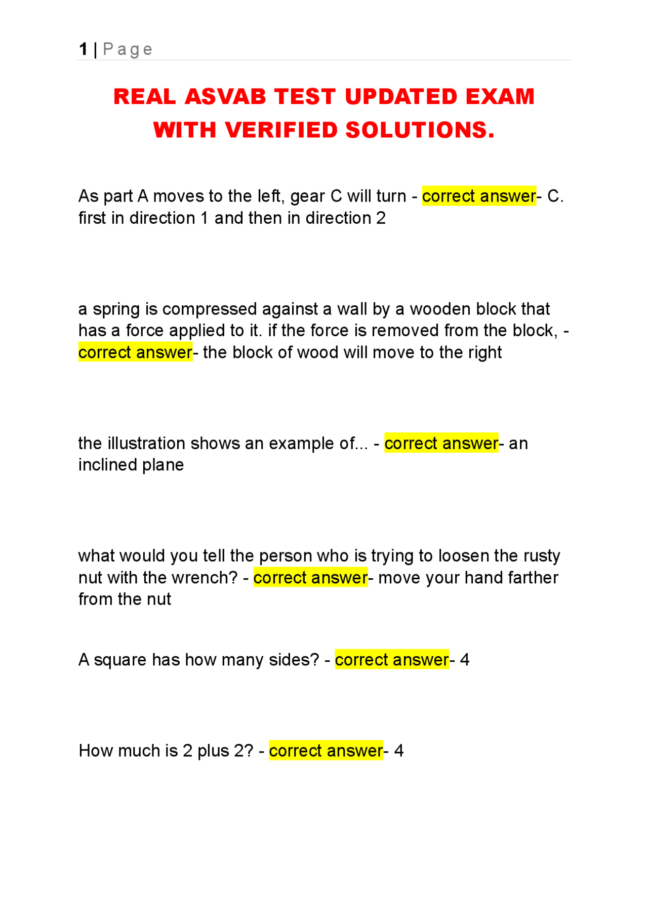 ASVAB Practice Test with Verified Solutions | Exams Military Strategy ...