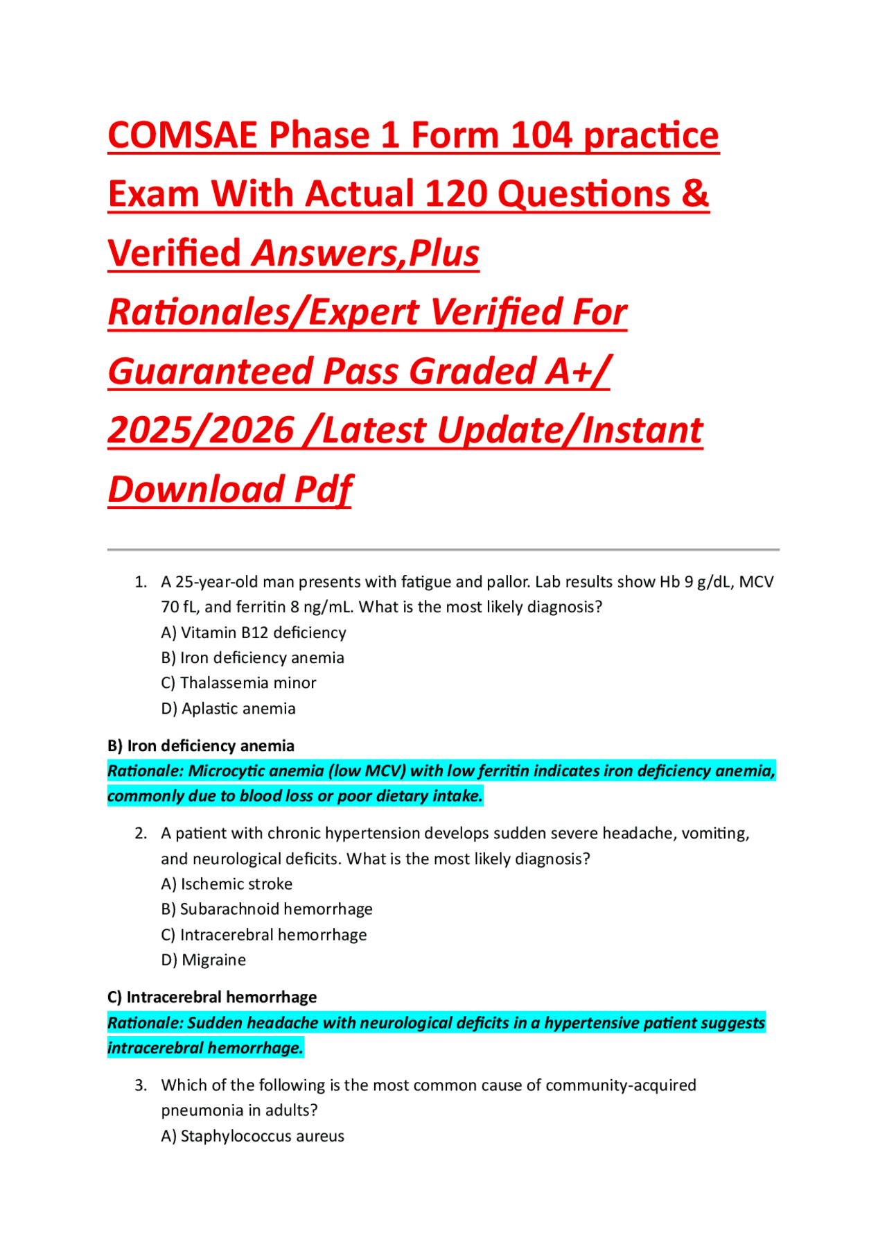 COMSAE Phase 1 Form 104 Practice Exam: Questions and Verified Answers ...