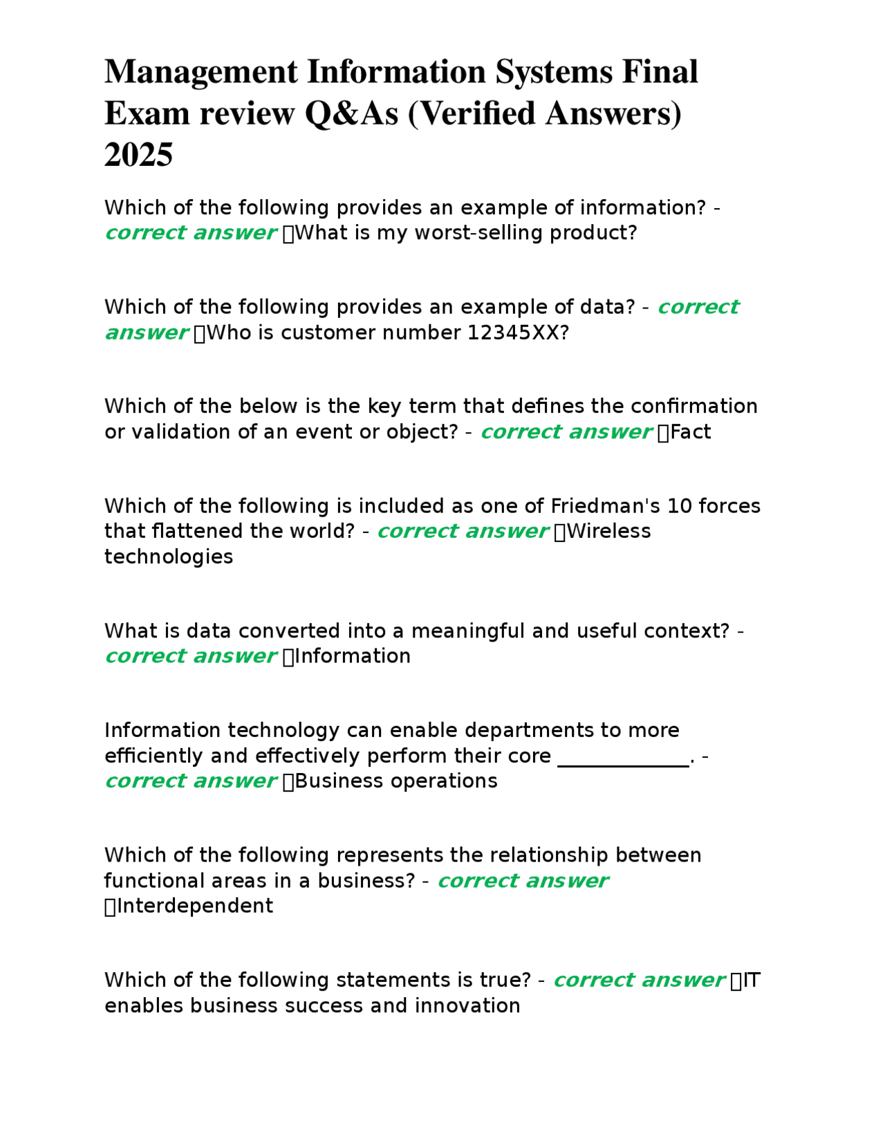 Management Information Systems (MIS) Final Exam Q&A Review 2025 | Exams ...