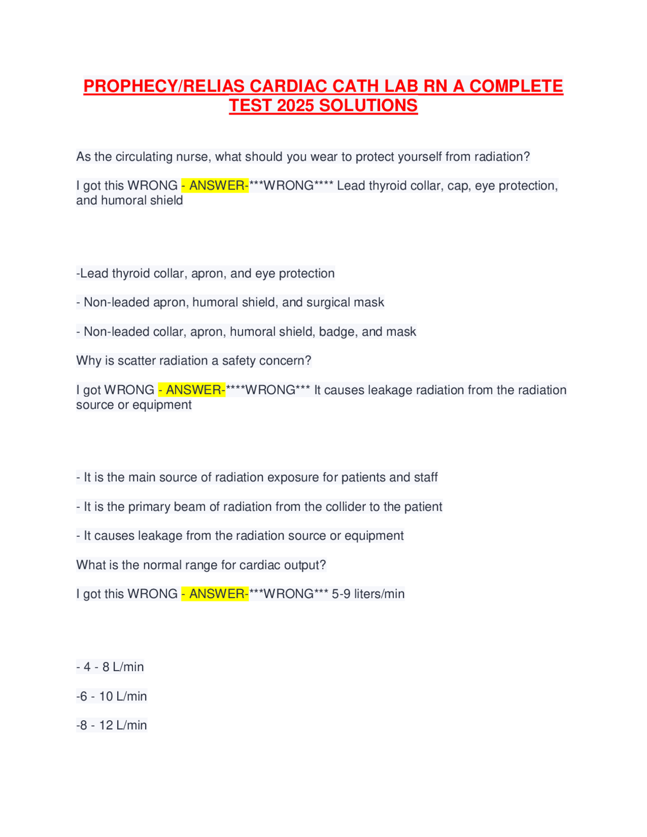 Cardiac Catheterization Lab RN Test Questions and Answers | Exams ...