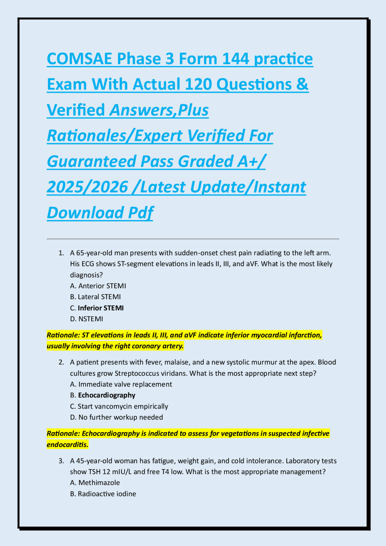 COMSAE Phase 3 Form 144 Practice Exam: Questions and Verified Answers ...
