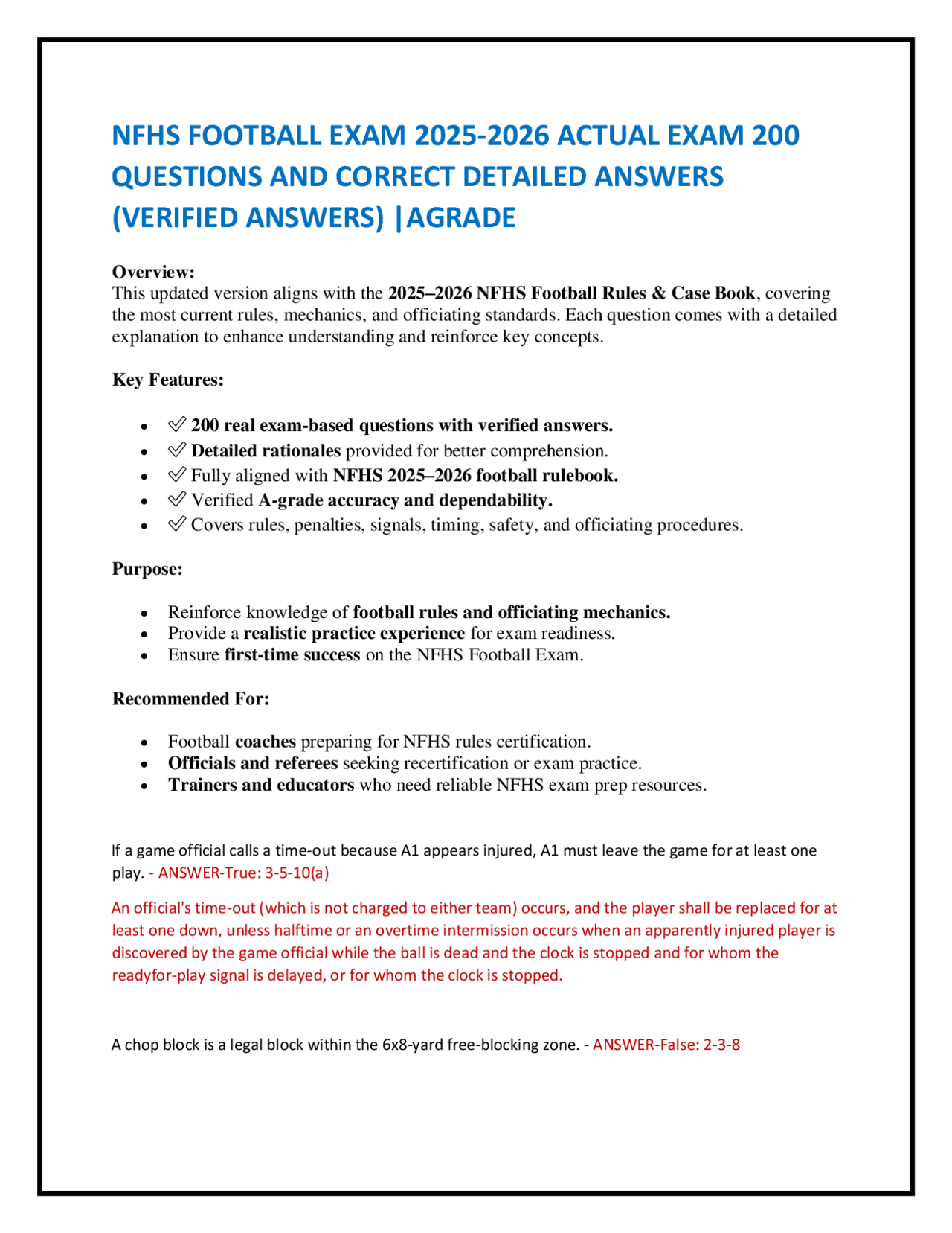 NFHS Football Exam 2025-2026: 200 Questions with Verified Answers ...