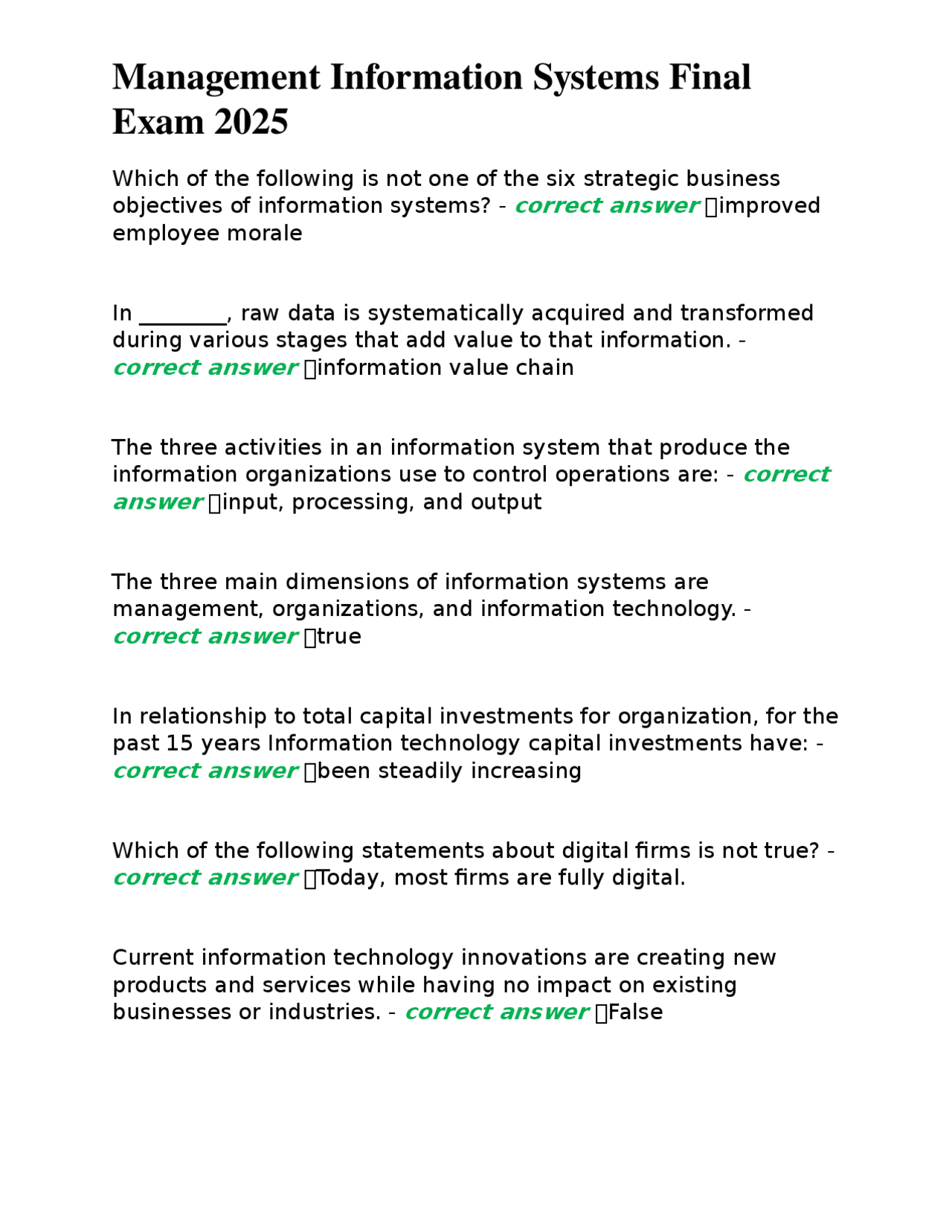 Management Information Systems Final Exam 2025: Questions and Answers ...