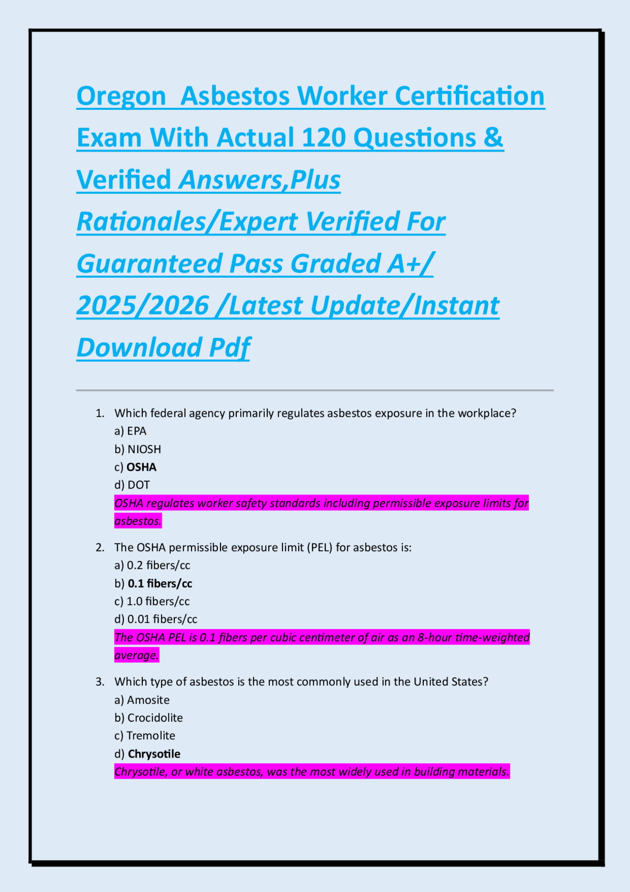 Oregon Asbestos Worker Certification Exam Questions and Answers 2025 ...