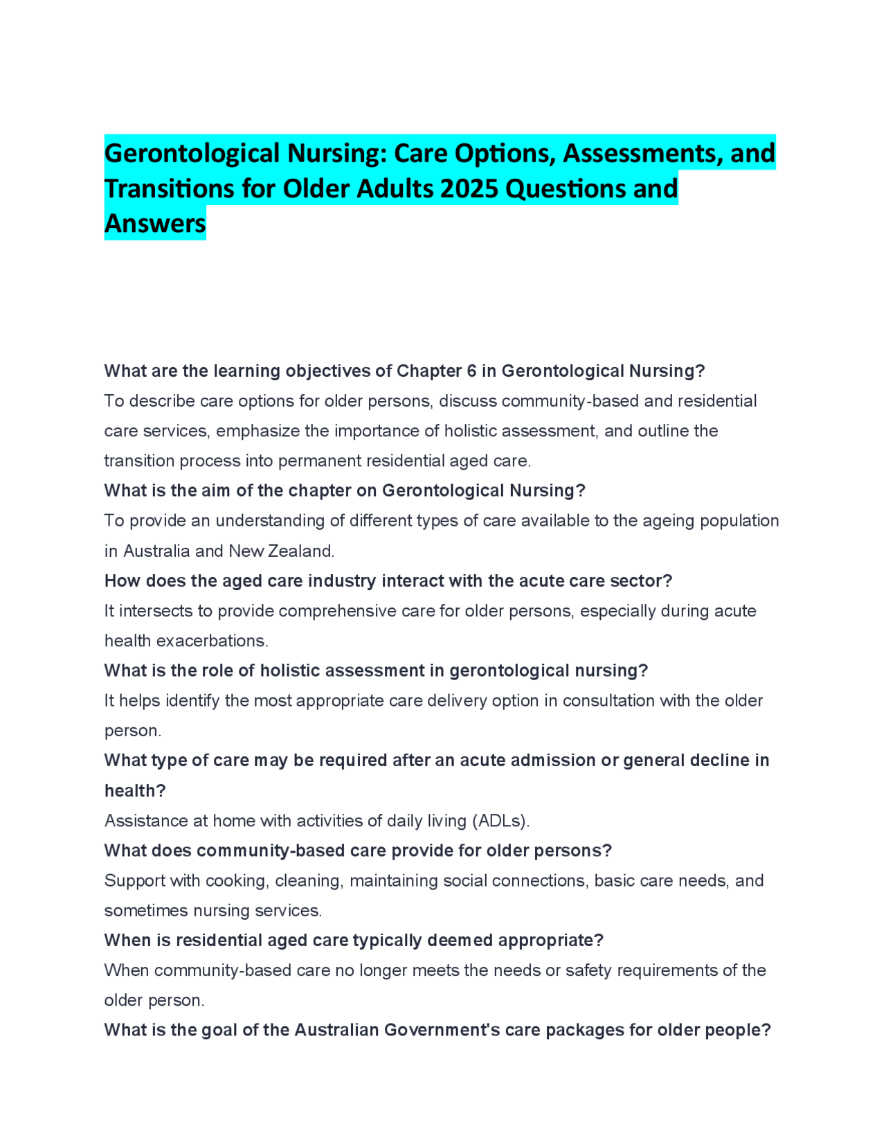 Gerontological Nursing: Care Options, Assessments, and Transitions for ...