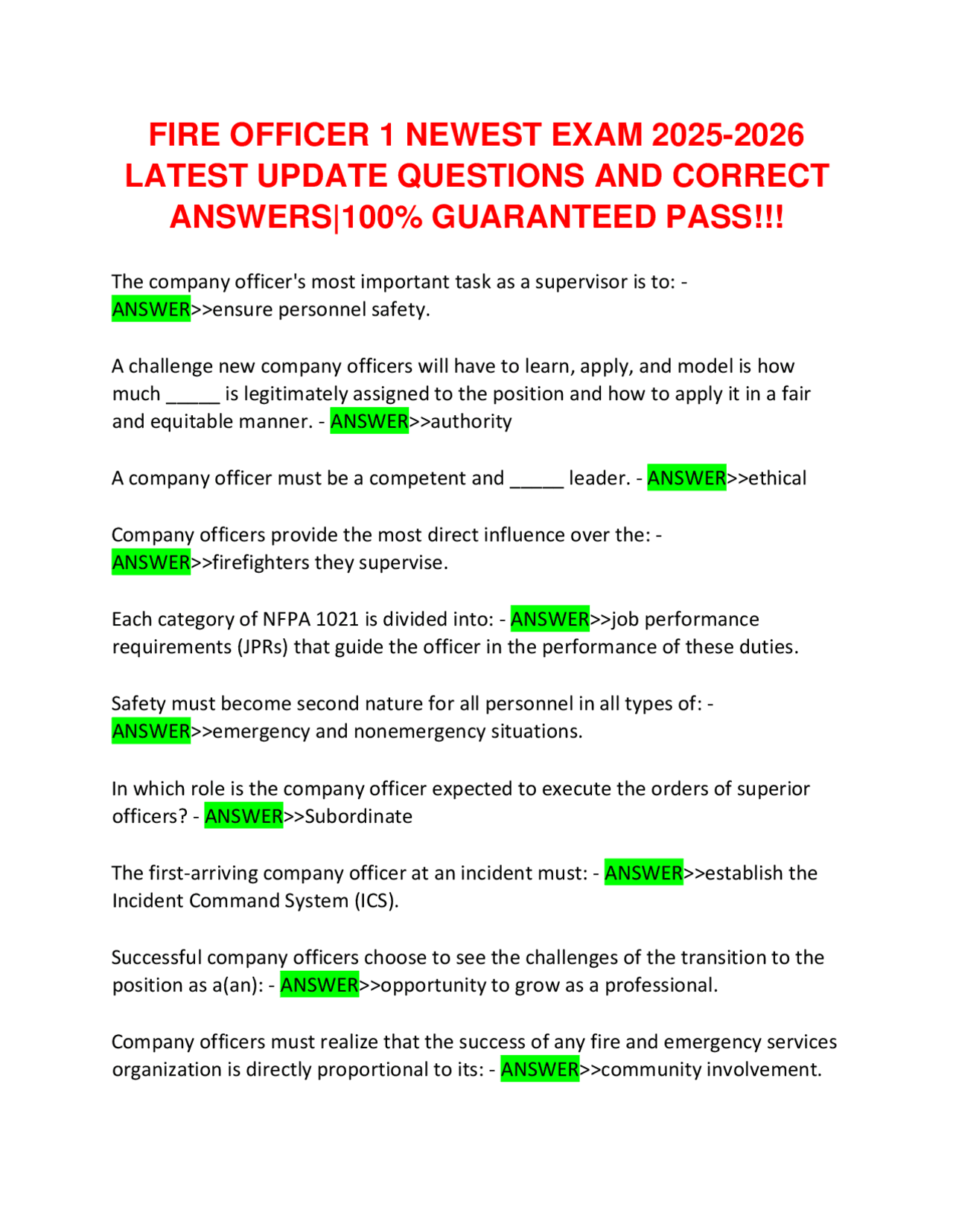 FIRE OFFICER 1 NEWEST EXAM 2025-2026 LATEST UPDATE QUESTIONS AND ...