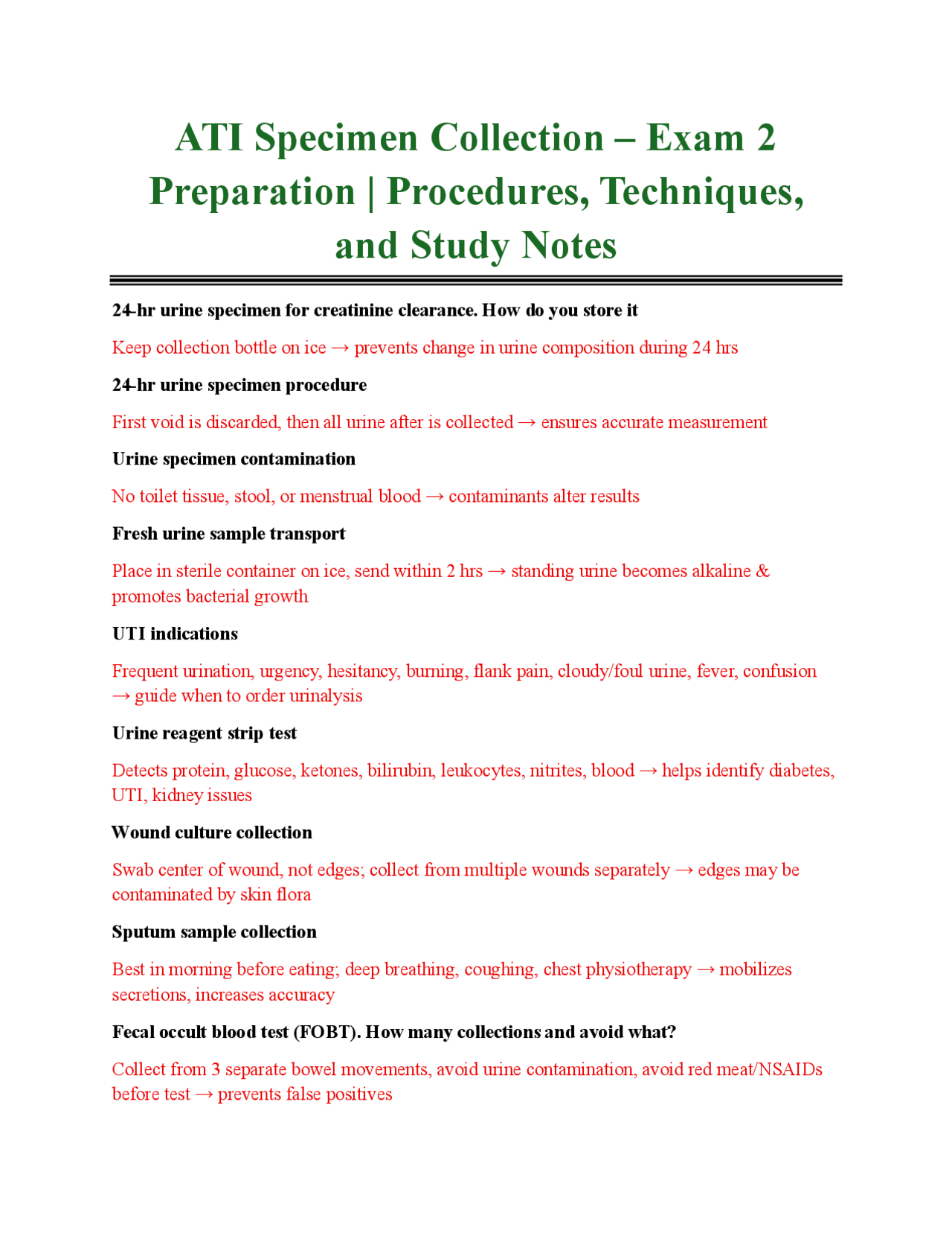 ATI Specimen Collection – Exam 2 Preparation | Procedures, Techniques ...