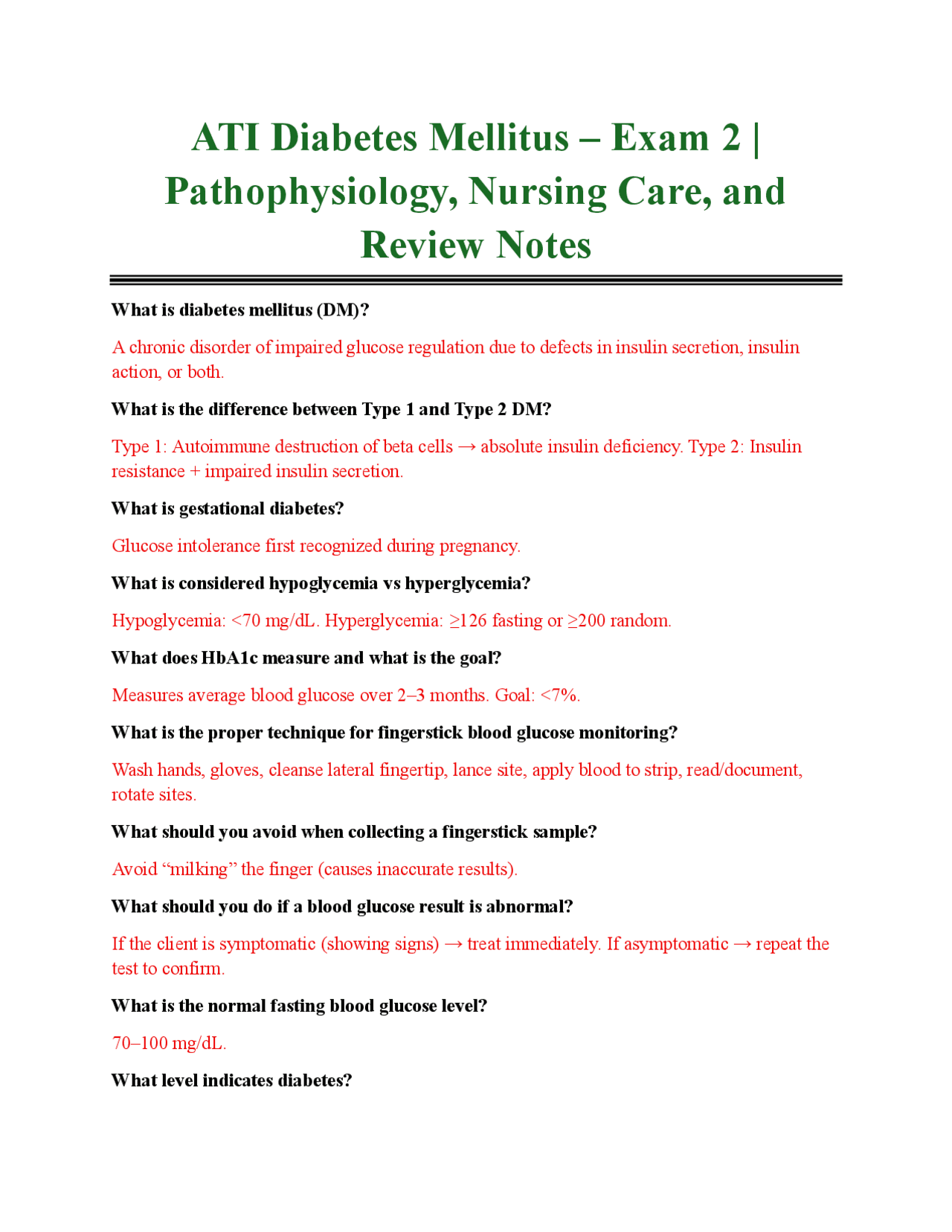ATI Diabetes Mellitus – Exam 2 | Pathophysiology, Nursing Care, and ...