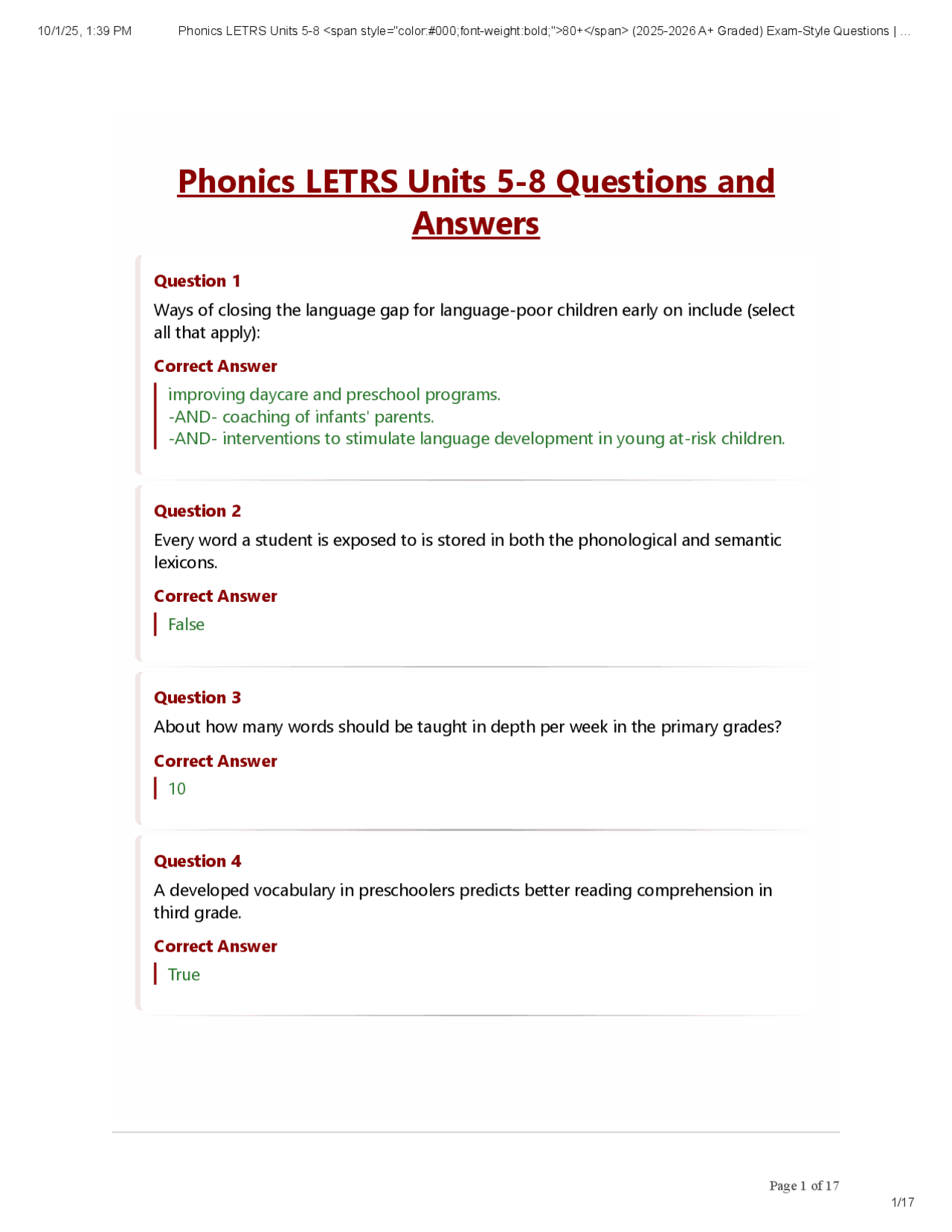 Phonics LETRS Units 5-8 Questions and Answers | Exams English ...