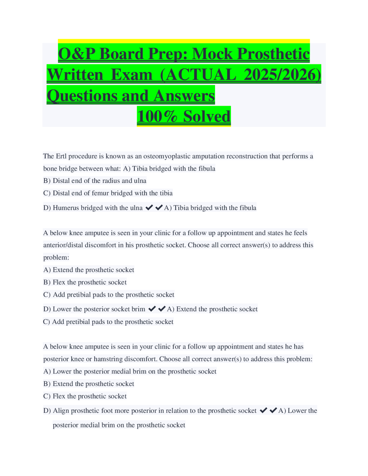 O&P Board Prep: Mock Prosthetic Written Exam (ACTUAL 2025/2026 ...