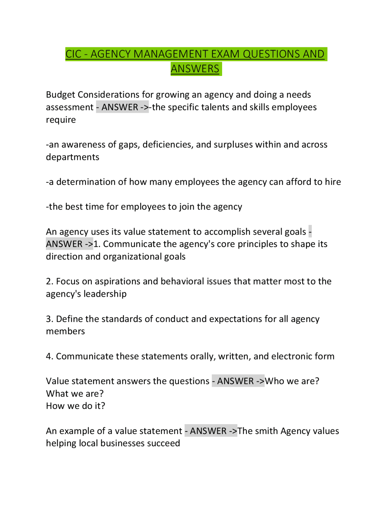 CIC - AGENCY MANAGEMENT EXAM QUESTIONS AND ANSWERS. | Exams Nursing ...