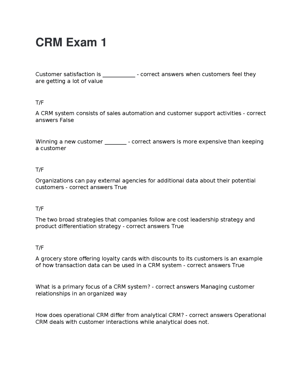 CRM Exam 5 Examples Questions And Answers Solved. | Exams Nursing | Docsity