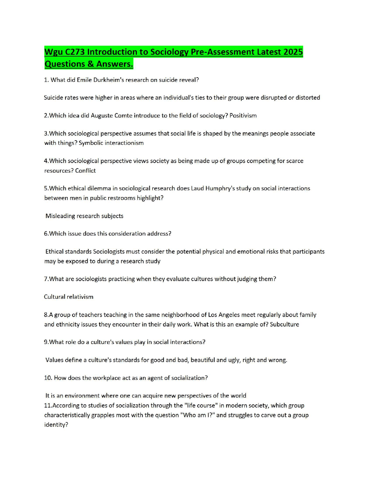 Wgu C273 Introduction to Sociology Pre-Assessment Latest 2025 Questions ...