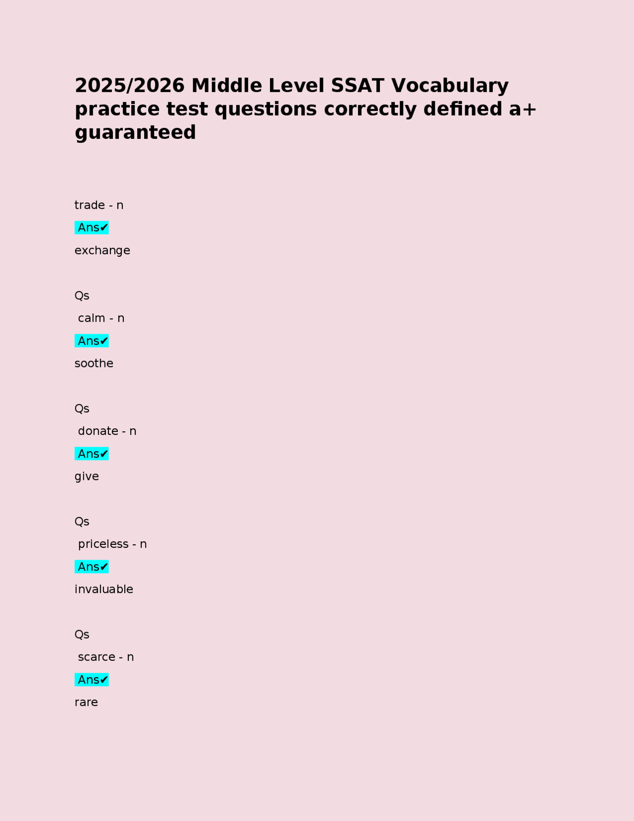 2025/2026 Middle Level SSAT Vocabulary practice test questions ...