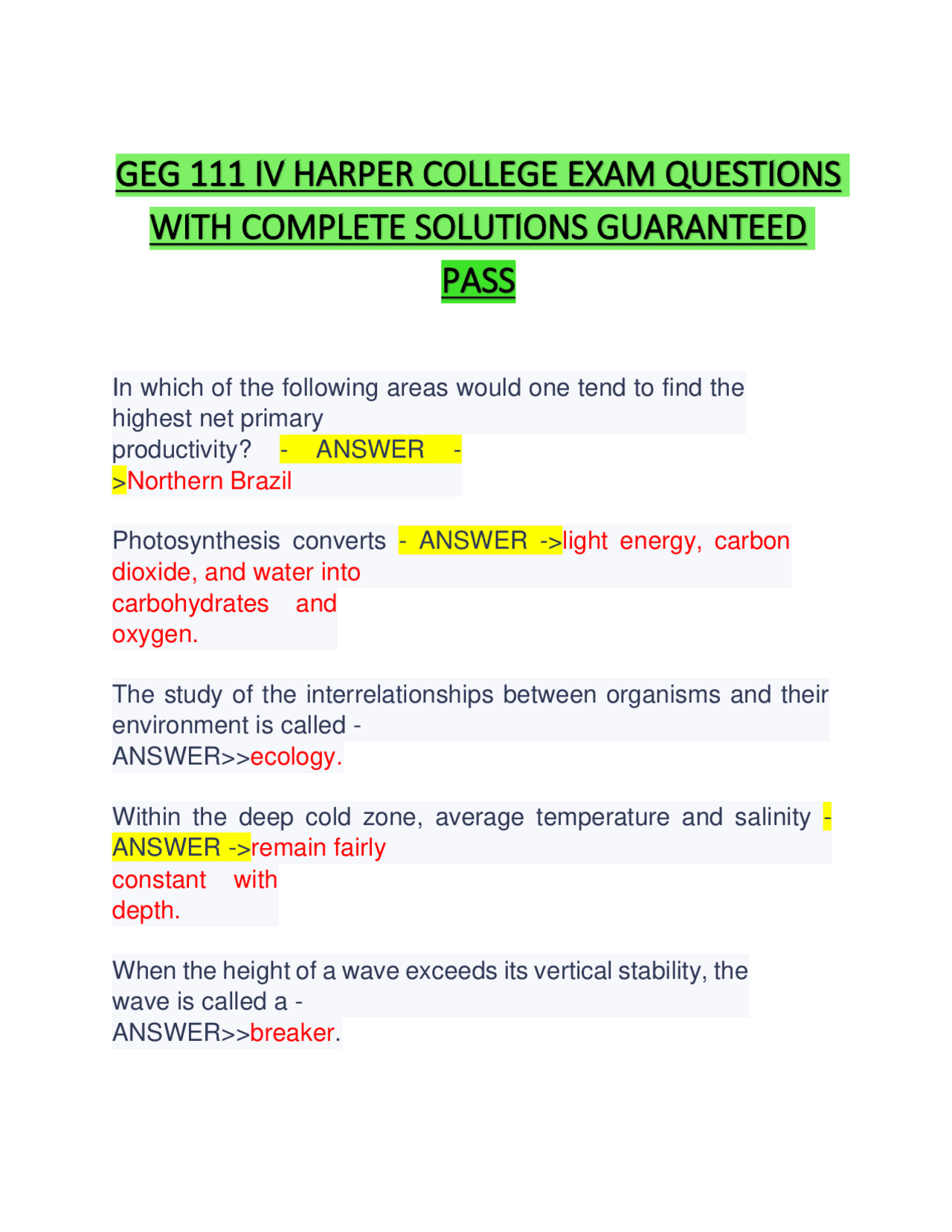 GEG 111 IV HARPER COLLEGE EXAM QUESTIONS WITH COMPLETE SOLUTIONS ...
