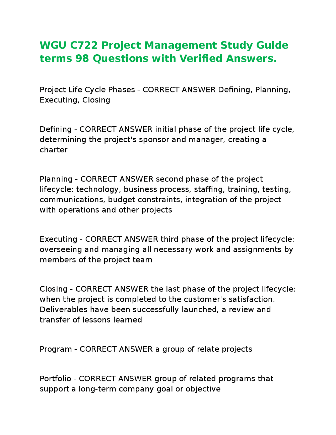 WGU C722 Project Management Study Guide terms 98 Questions with ...