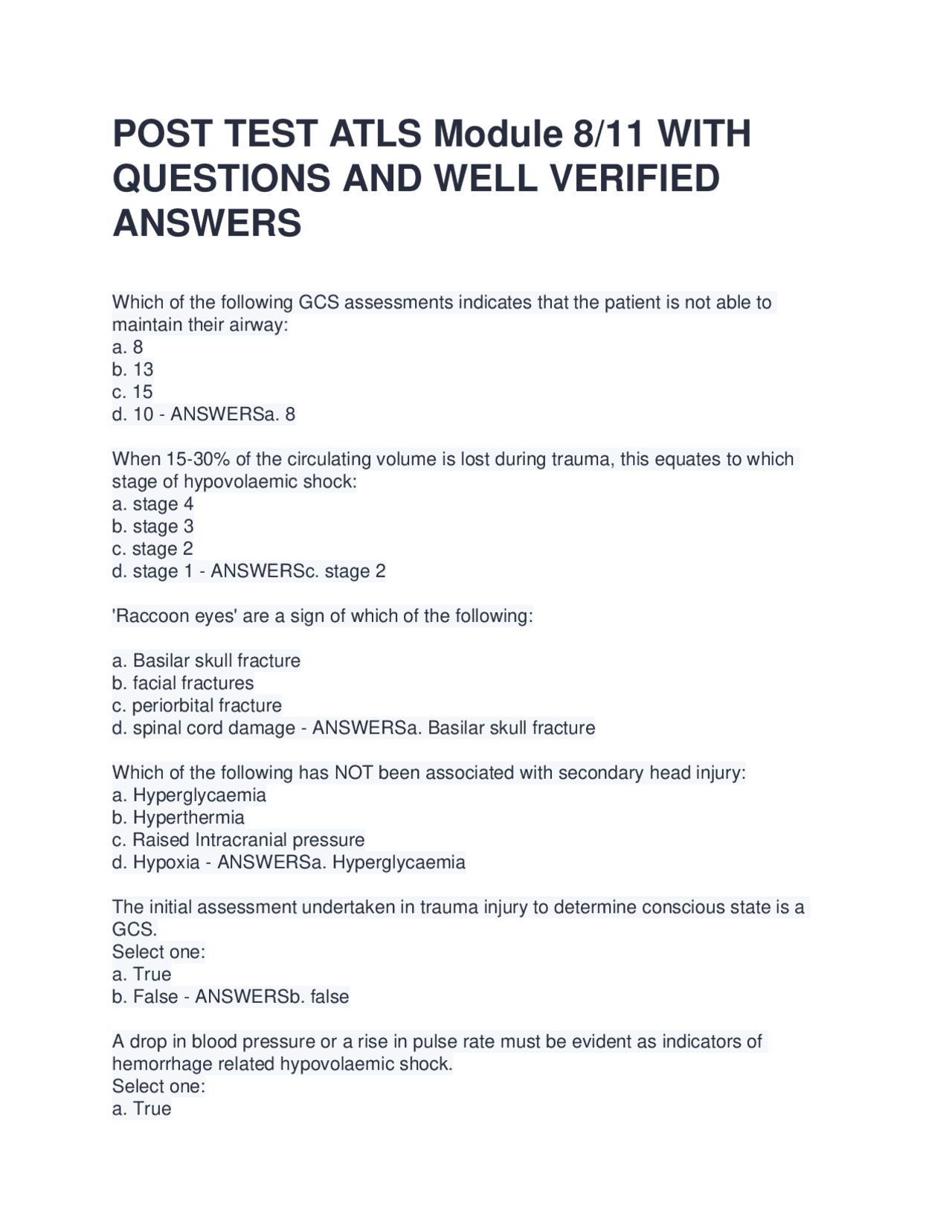 POST TEST ATLS Module 8 11 WITH QUESTIONS AND W | Exams Nursing | Docsity