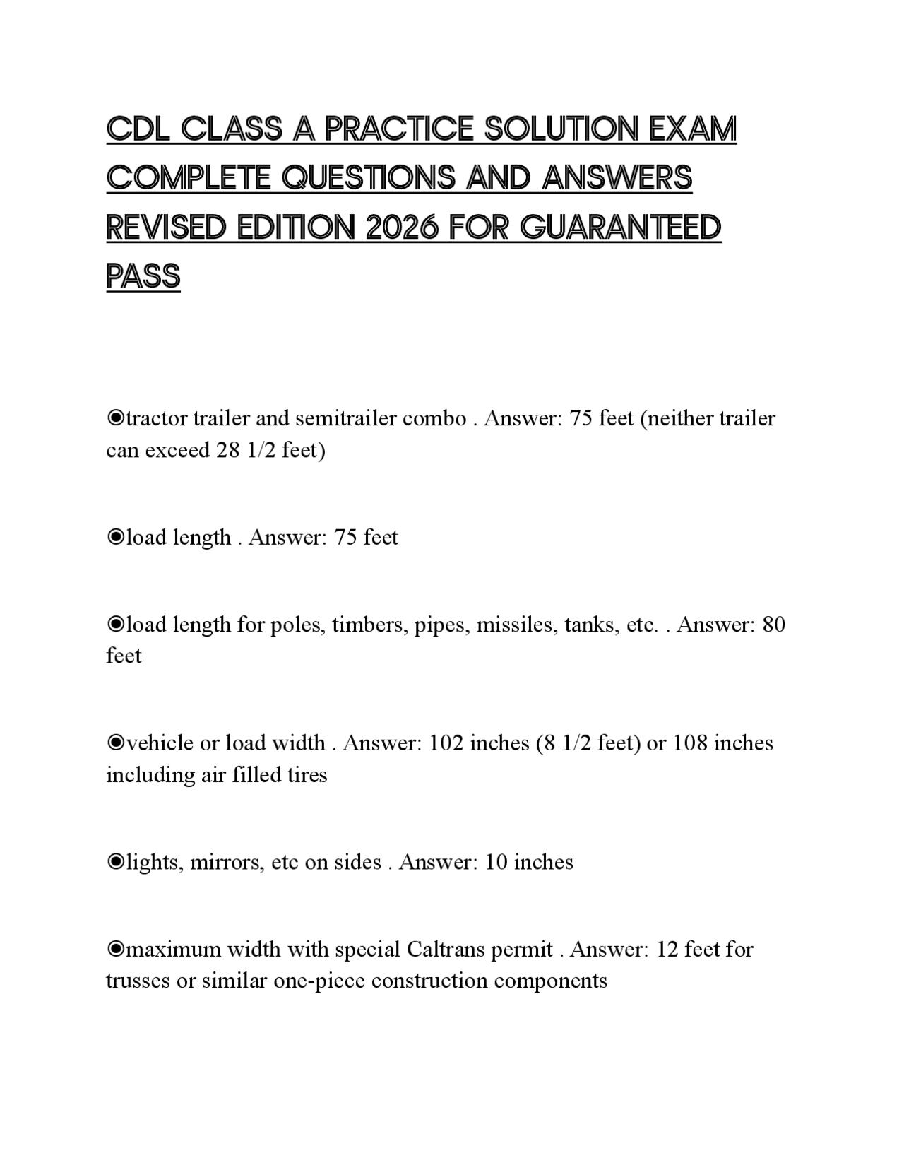 CDL CLASS A PRACTICE SOLUTION EXAM COMPLETE QUESTIONS AND ANSWERS ...