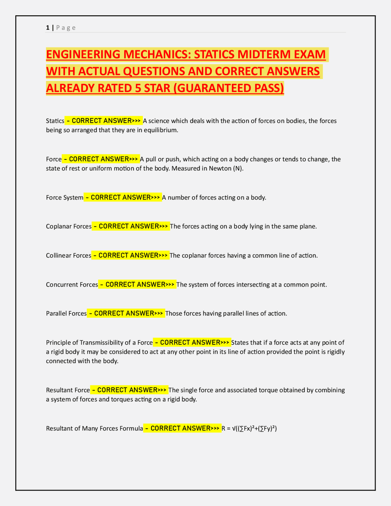 ENGINEERING MECHANICS: STATICS MIDTERM EXAM WITH ACTUAL QUESTIONS AND ...
