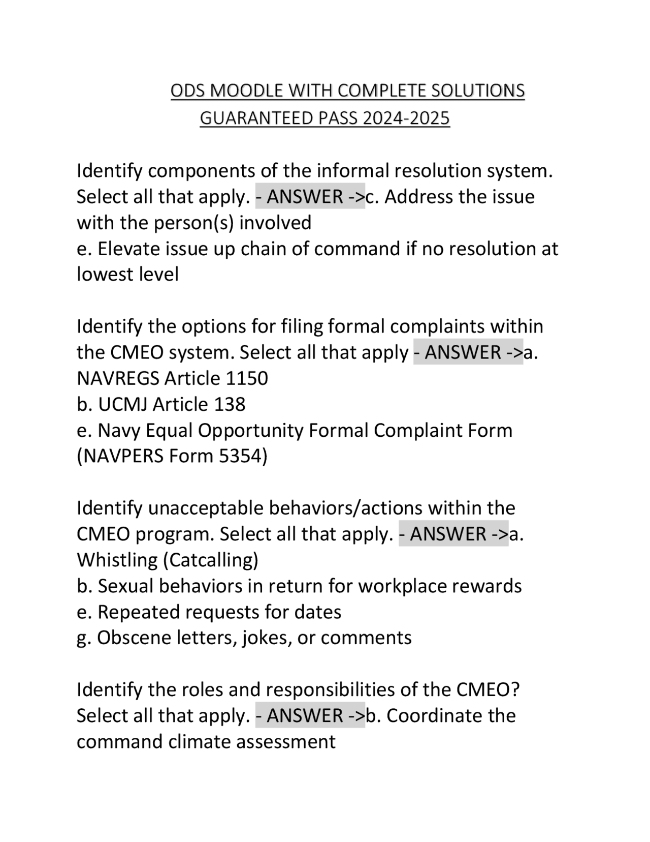 ODS MOODLE WITH COMPLETE SOLUTIONS GUARANTEED PASS 2024-2025 | Exams ...