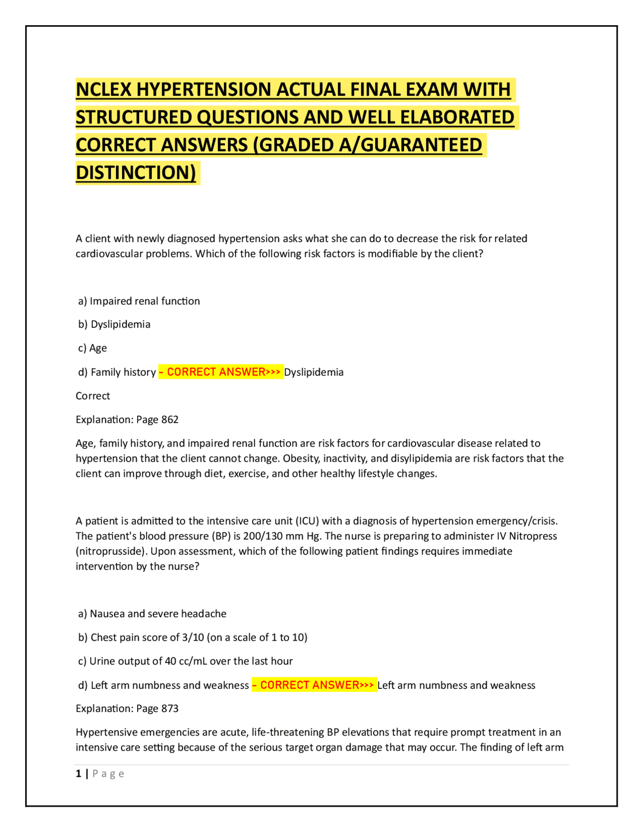 NCLEX HYPERTENSION ACTUAL FINAL EXAM WITH STRUCTURED QUESTIONS AND WELL ...