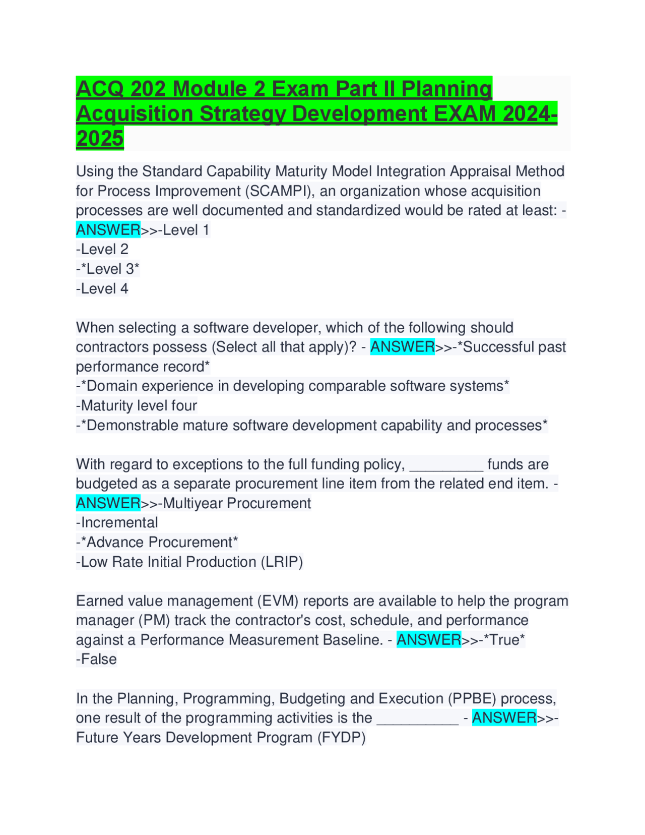 ACQ 202 Module 2 Exam Part II Planning Acquisition Strategy Development ...