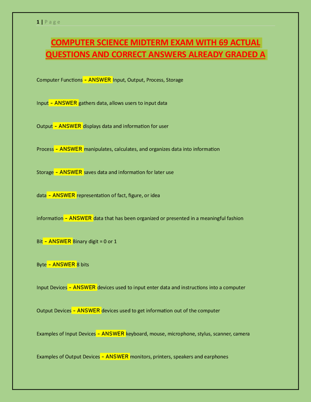 COMPUTER SCIENCE MIDTERM EXAM WITH 69 ACTUAL QUESTIONS AND CORRECT ...