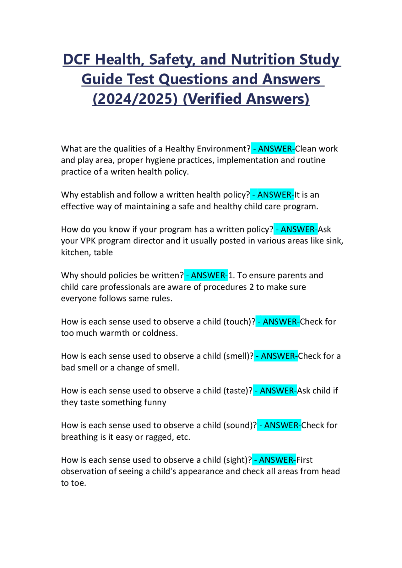 DCF Health, Safety, and Nutrition Study Guide Test Questions and ...