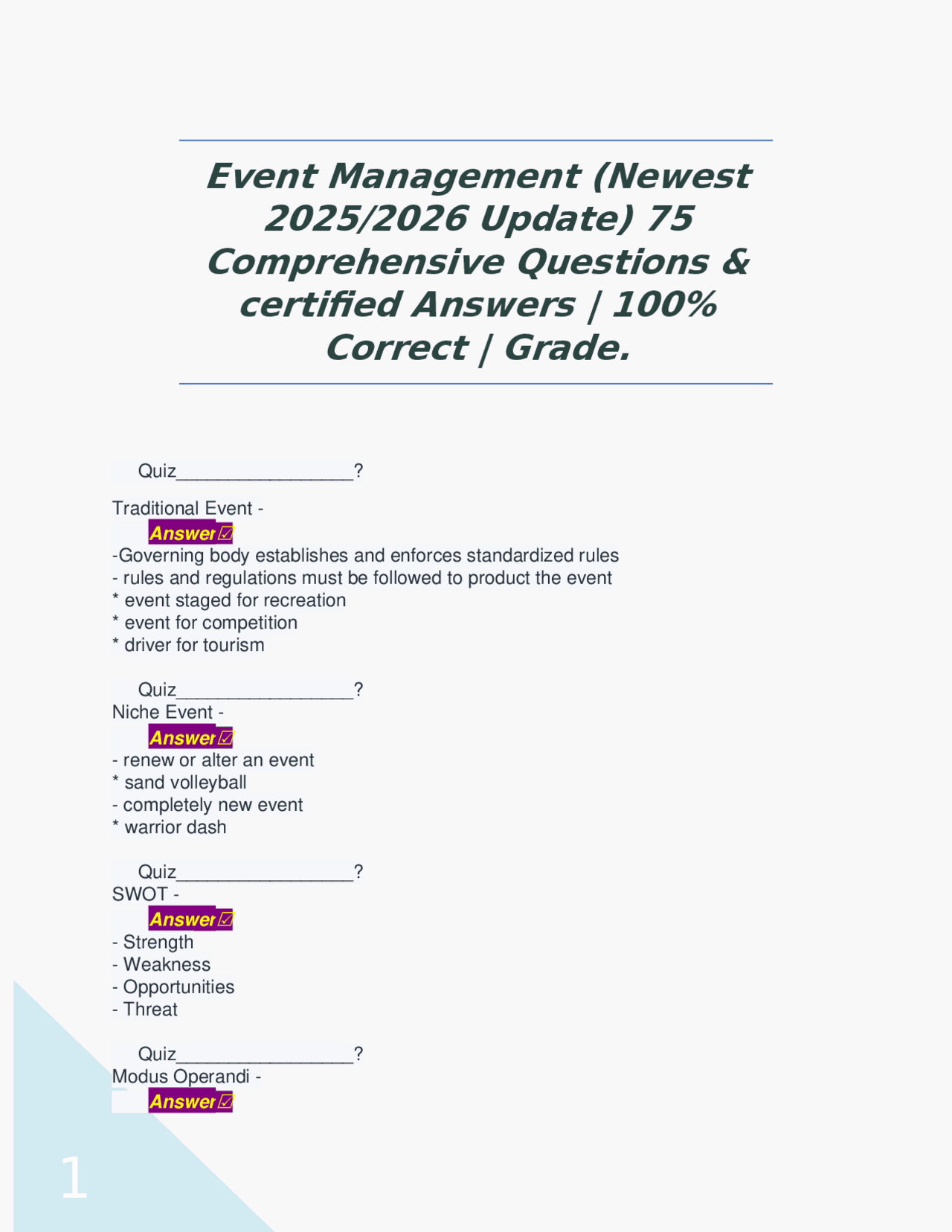 Event Management (Newest 2025/2026 Update) 75 Comprehensive Questions ...