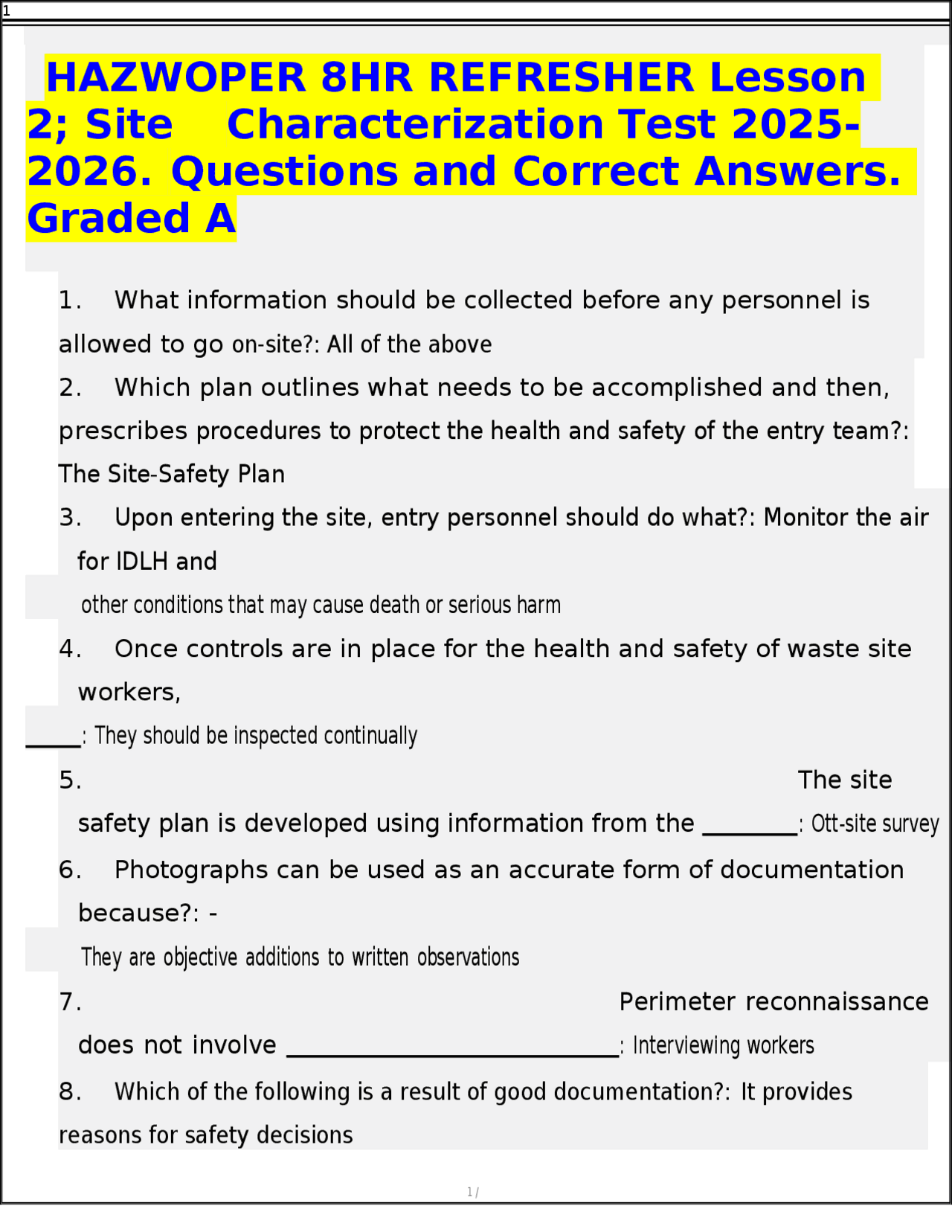 HAZWOPER 8HR REFRESHER Lesson 2; Site Characterization Test 2025-2026 ...