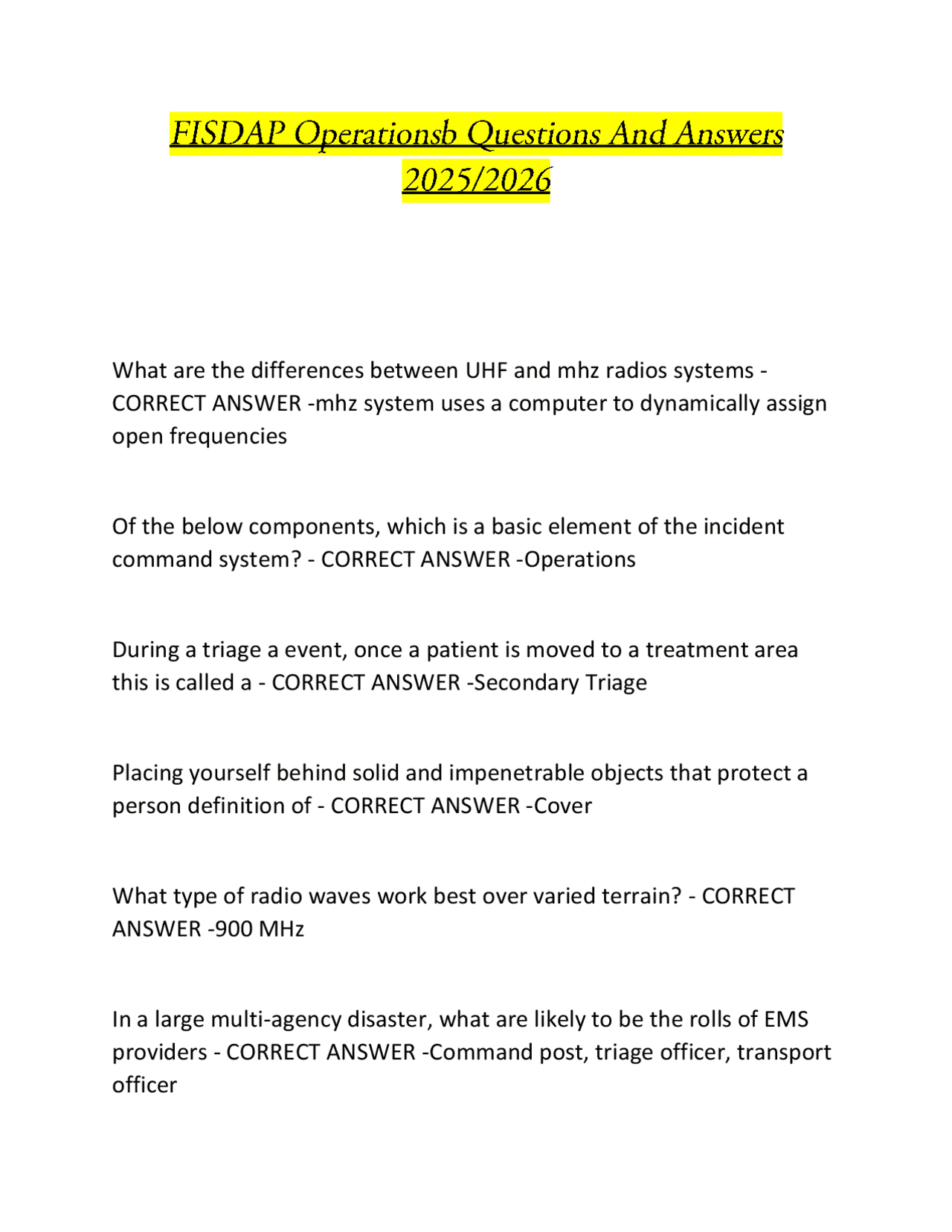 FISDAP Operations Questions And Answers 2025/2026 | Exams Medicine ...