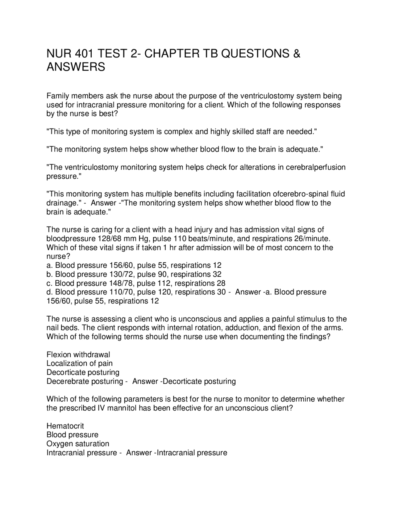 NUR 401 TEST 2- CHAPTER TB QUESTIONS & ANSWERS | Exams Nursing | Docsity