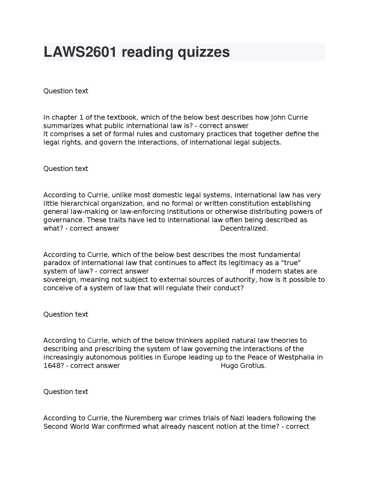 LAWS2601 reading quizzes Certification Exam With Answers | Exams ...