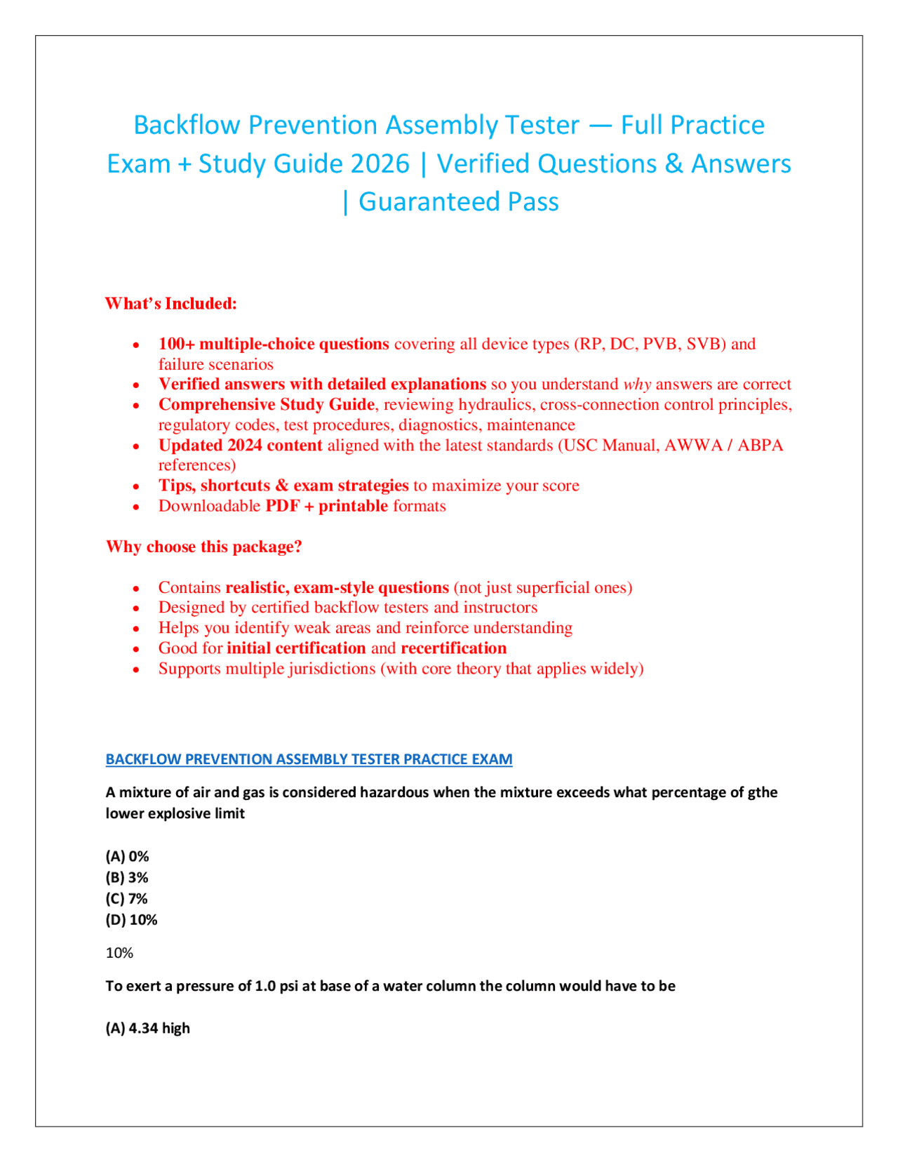 Backflow Prevention Assembly Tester — Full Practice Exam + Study Guide ...