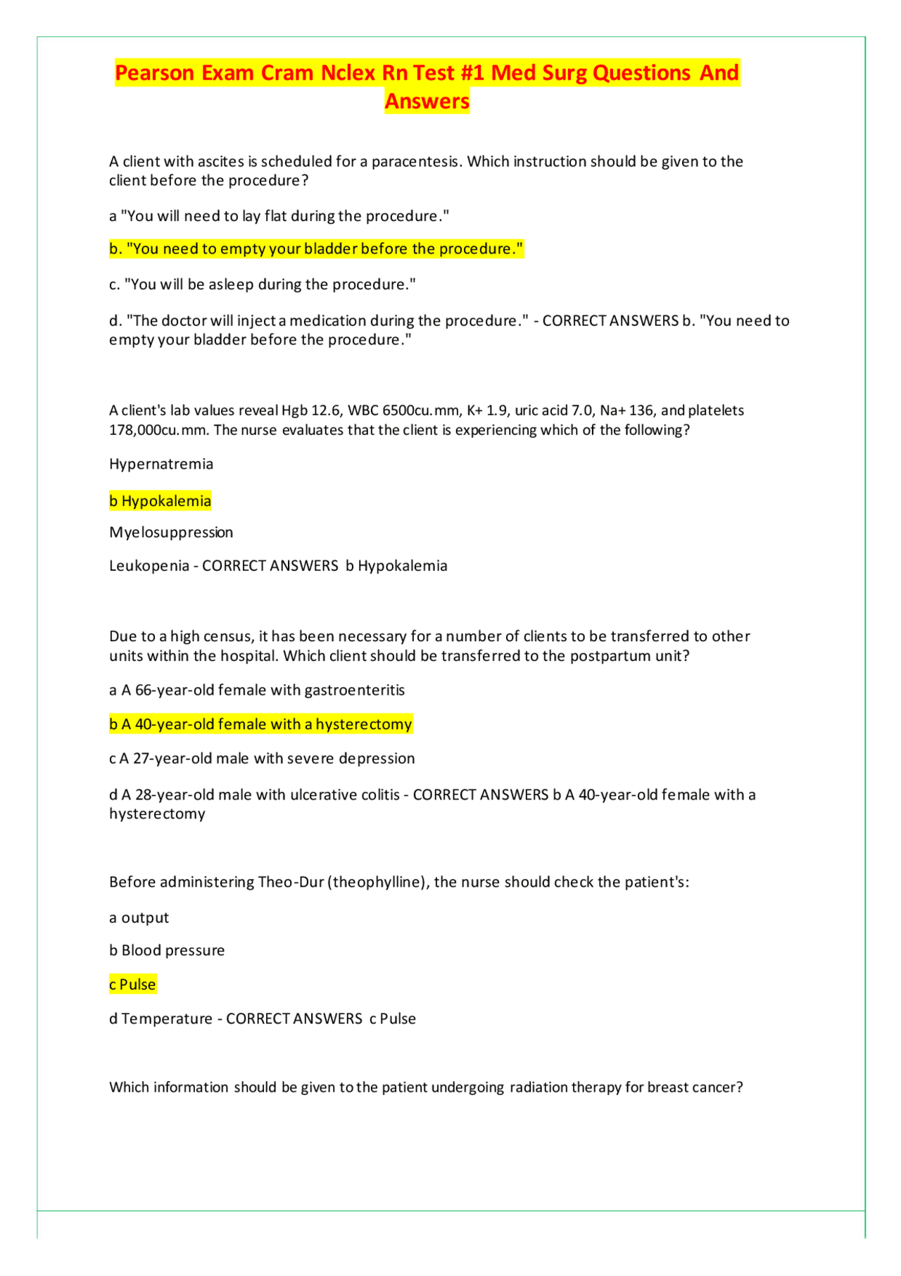 Pearson Exam Cram Nclex Rn Test #1 Med Surg Questions And Answers.pdf ...