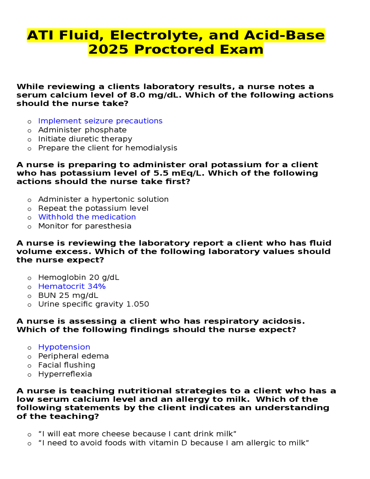ATI Fluid, Electrolyte, and Acid-Base 2025 Proctored Exam | Exams ...