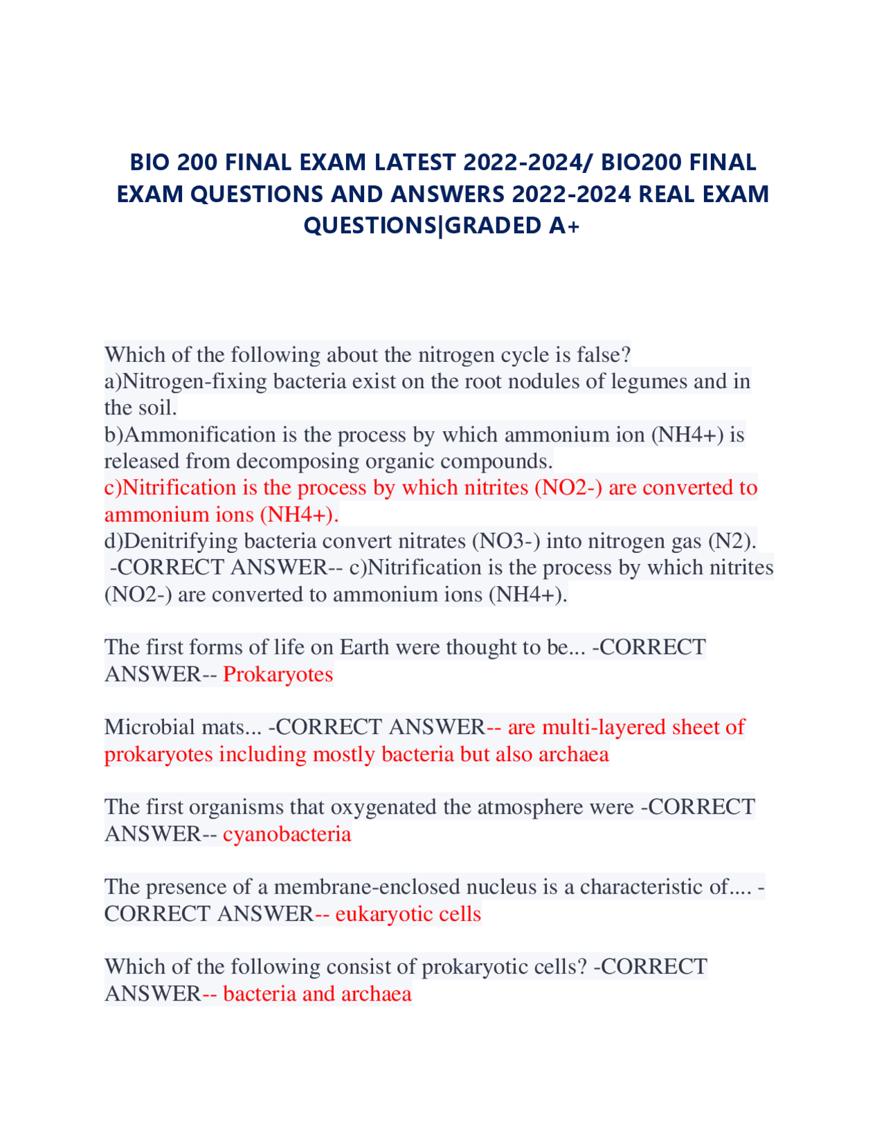 BIO 200 FINAL EXAM LATEST 2022-2024/ BIO200 FINAL EXAM QUESTIONS AND ...