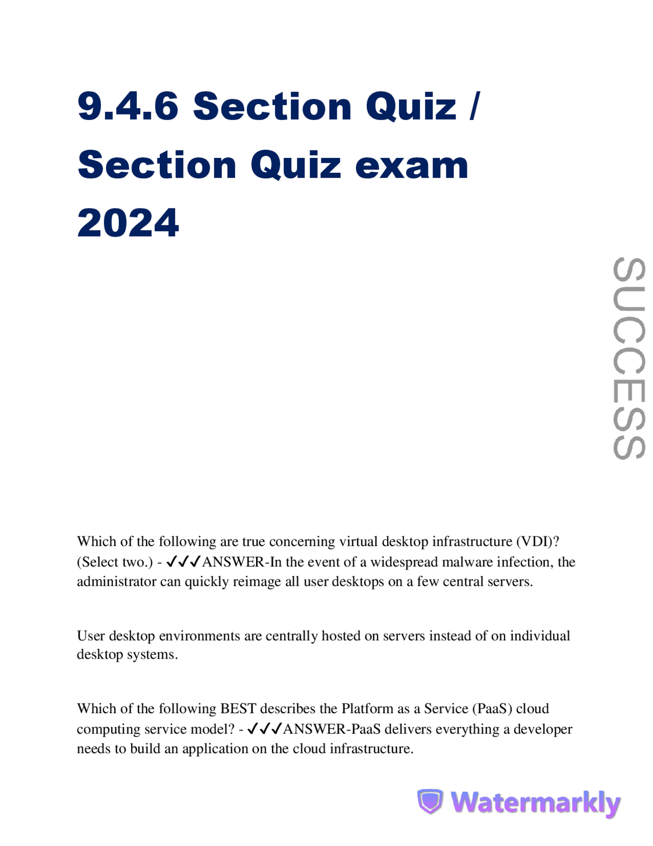 9.4.6 Section Quiz / Section Quiz exam | Exams Nursing | Docsity