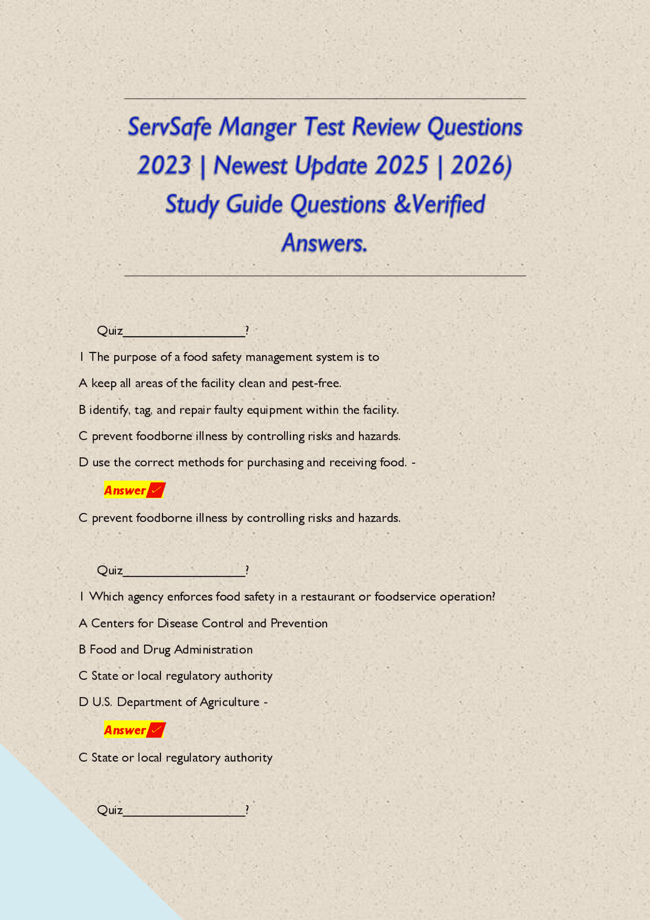 ServSafe Manger Test Review Questions 2023 | Newest Update 2025 | 2026 ...